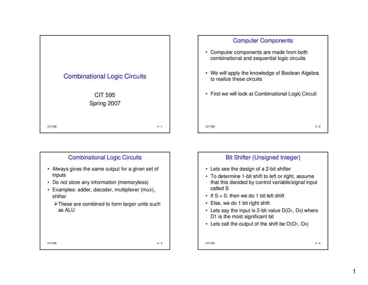 Lecture Slides on Combinational Logic Circuits | CIT 595 | Study notes ...