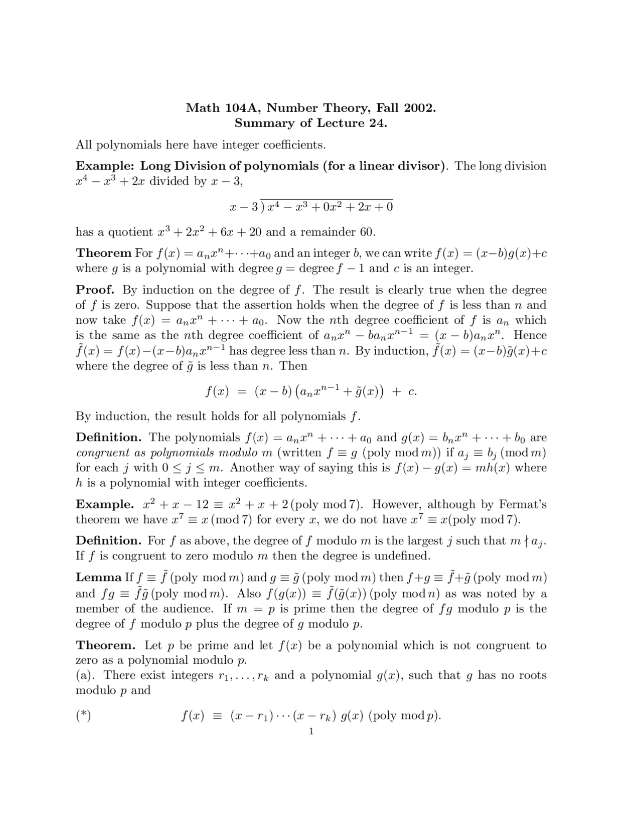 Long Division of Polynomials – Summary of Lecture | MATH 104A - Docsity
