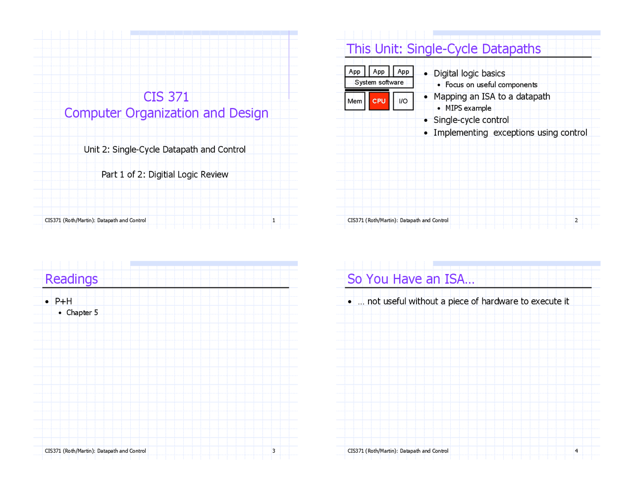 Signal Cycle Datapath And Control Digital Logic Review Cis 371 Docsity