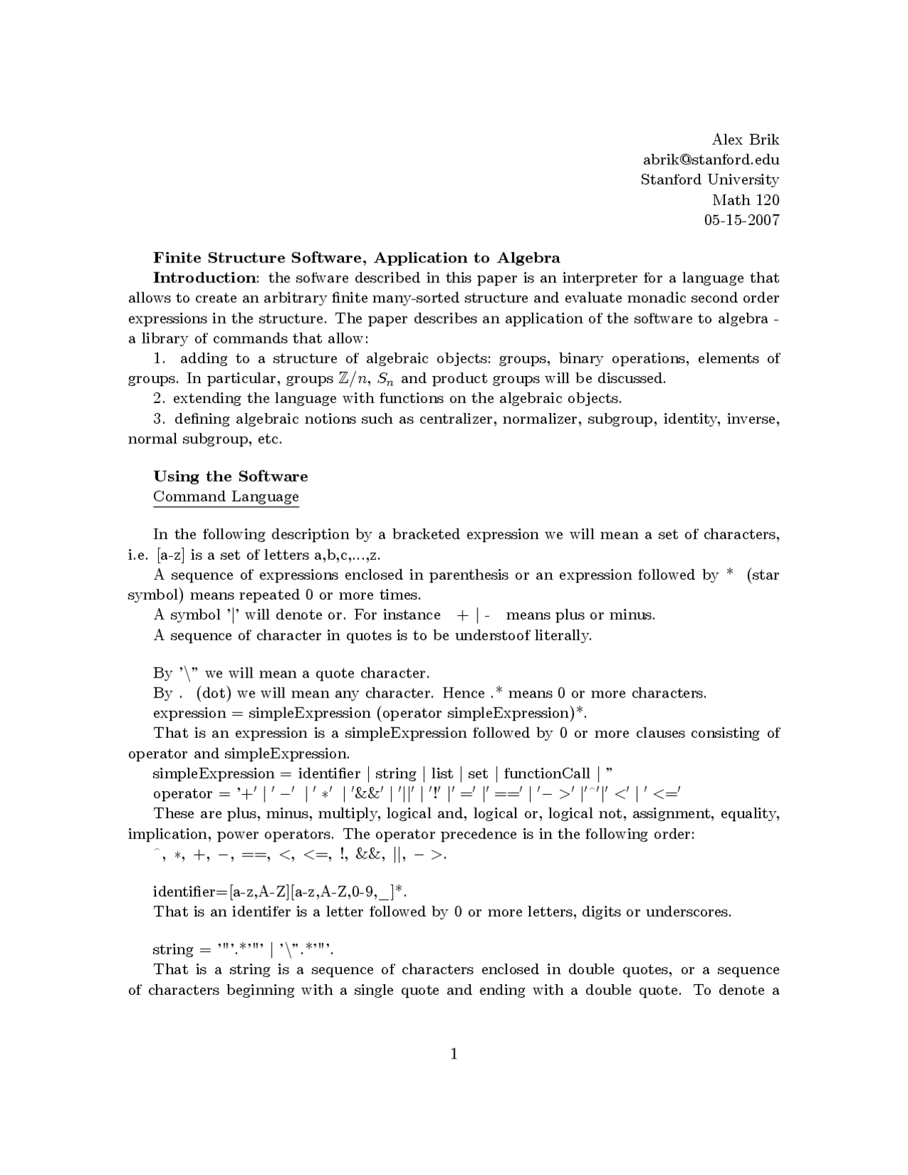 Finite Structure Software And Application To Algebra Math 120a Docsity