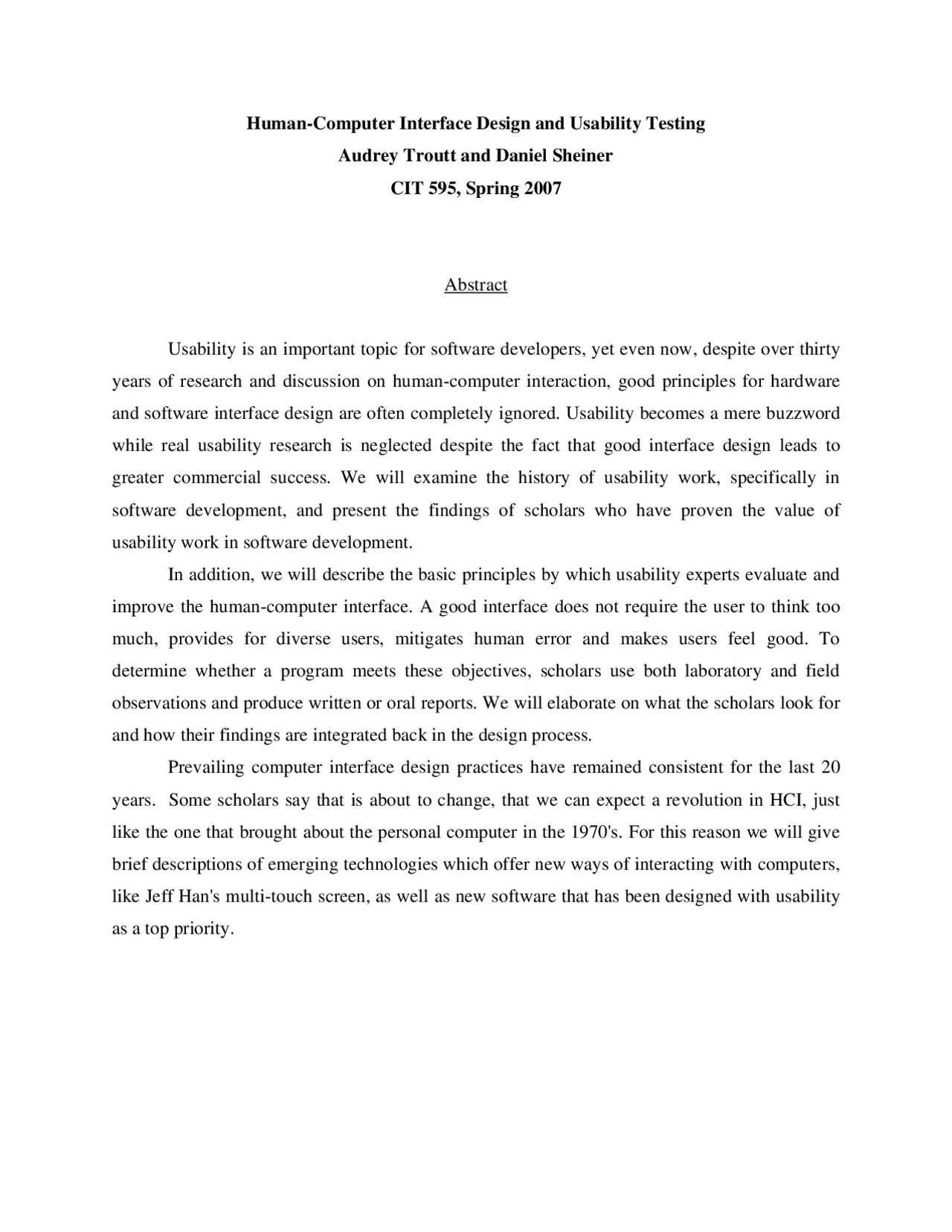 Human Computer Interface Design And Usability Testing Cit 595 Docsity