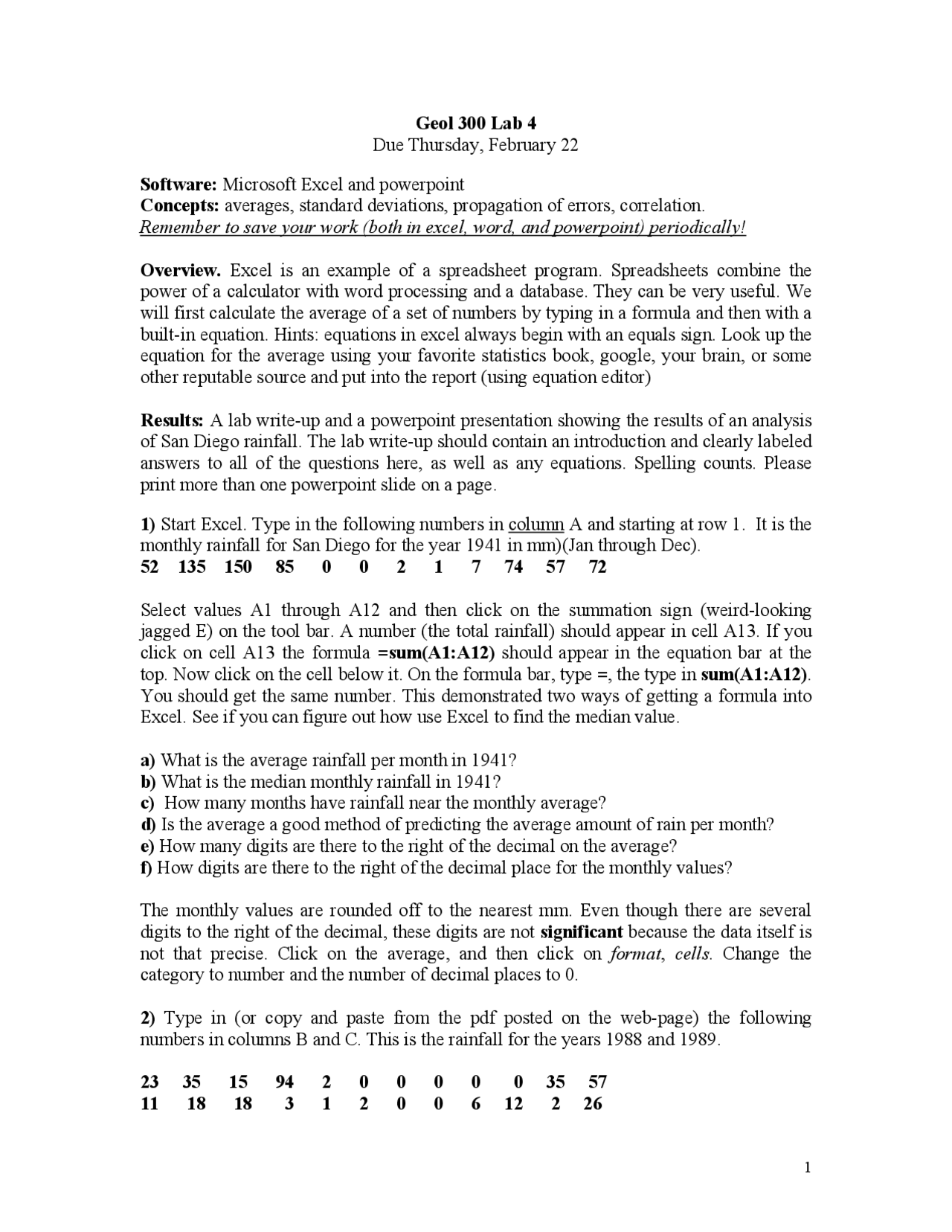 Microsoft Excel And Powerpoint Laboratory Report Geol 300 Lab