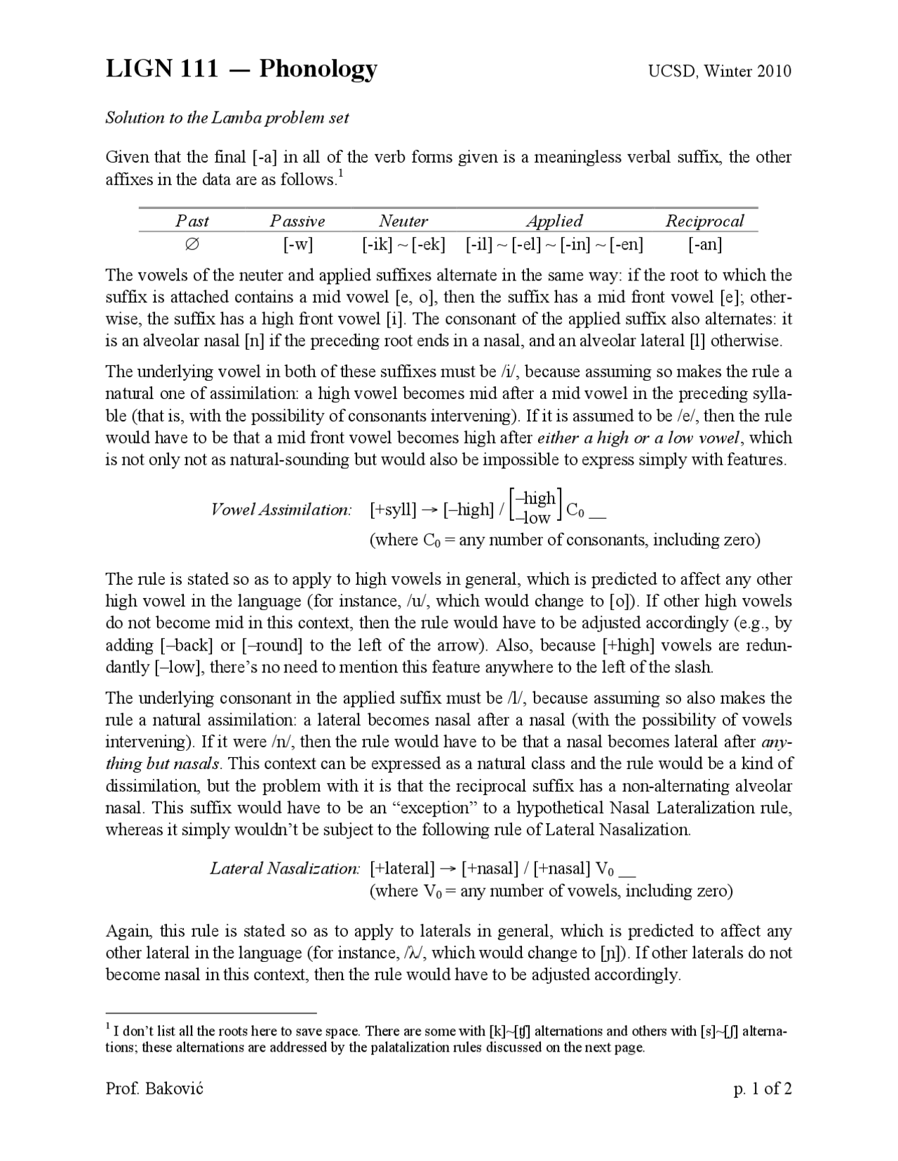 Phonology I Assignment With Solutions Lign 111 Docsity