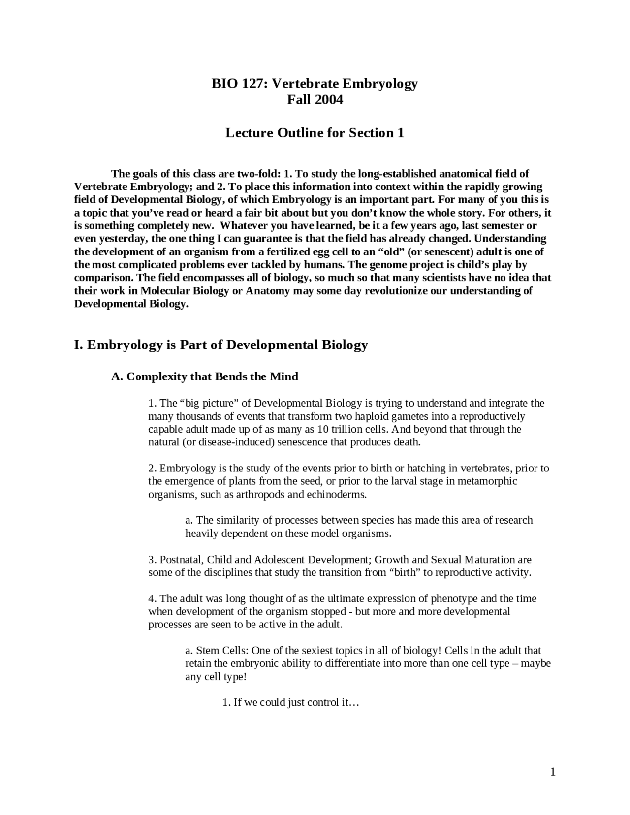 Vertebrate Embryology Lecture Notes Bio 127 Docsity