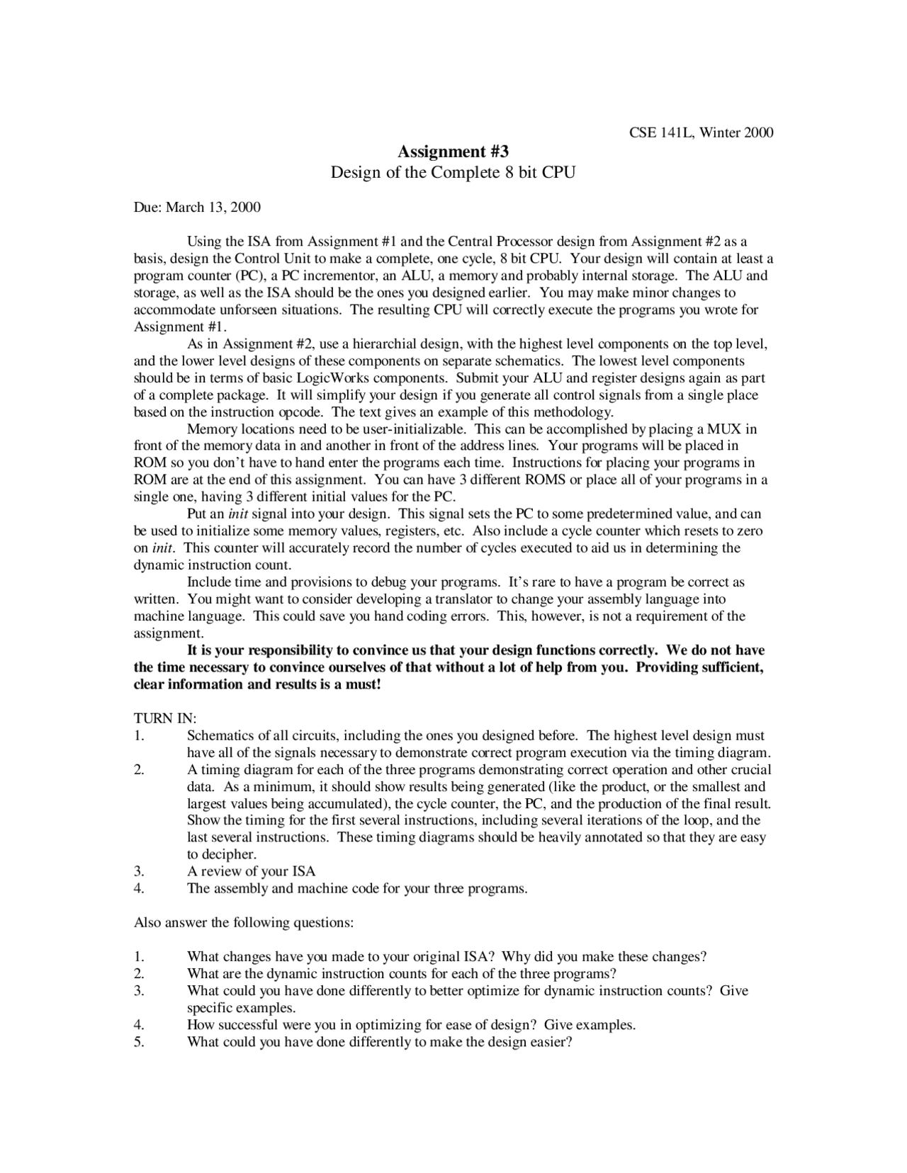 Design Of Complete 8 Bit Cpu Assignment 3 Socc 141 Docsity