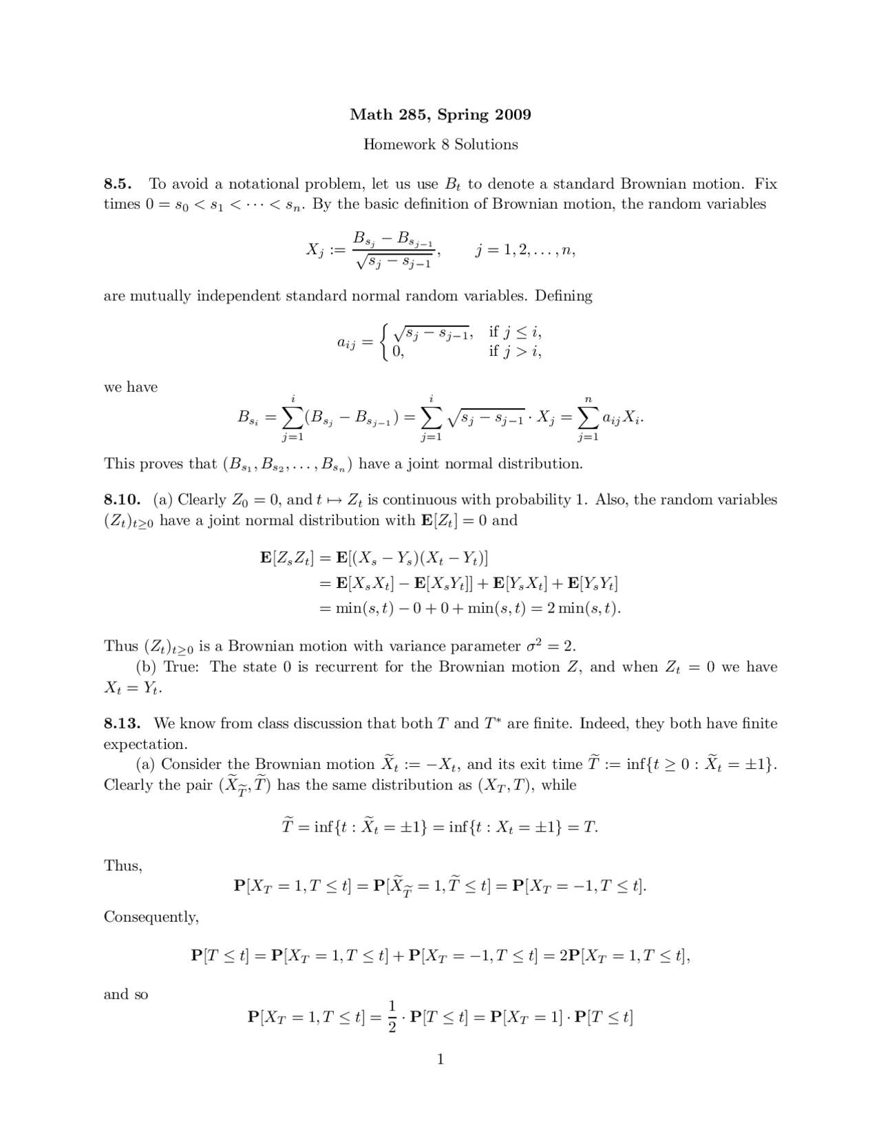 Homework 8 with Solutions for Stochastic Processes | MATH 285 ...