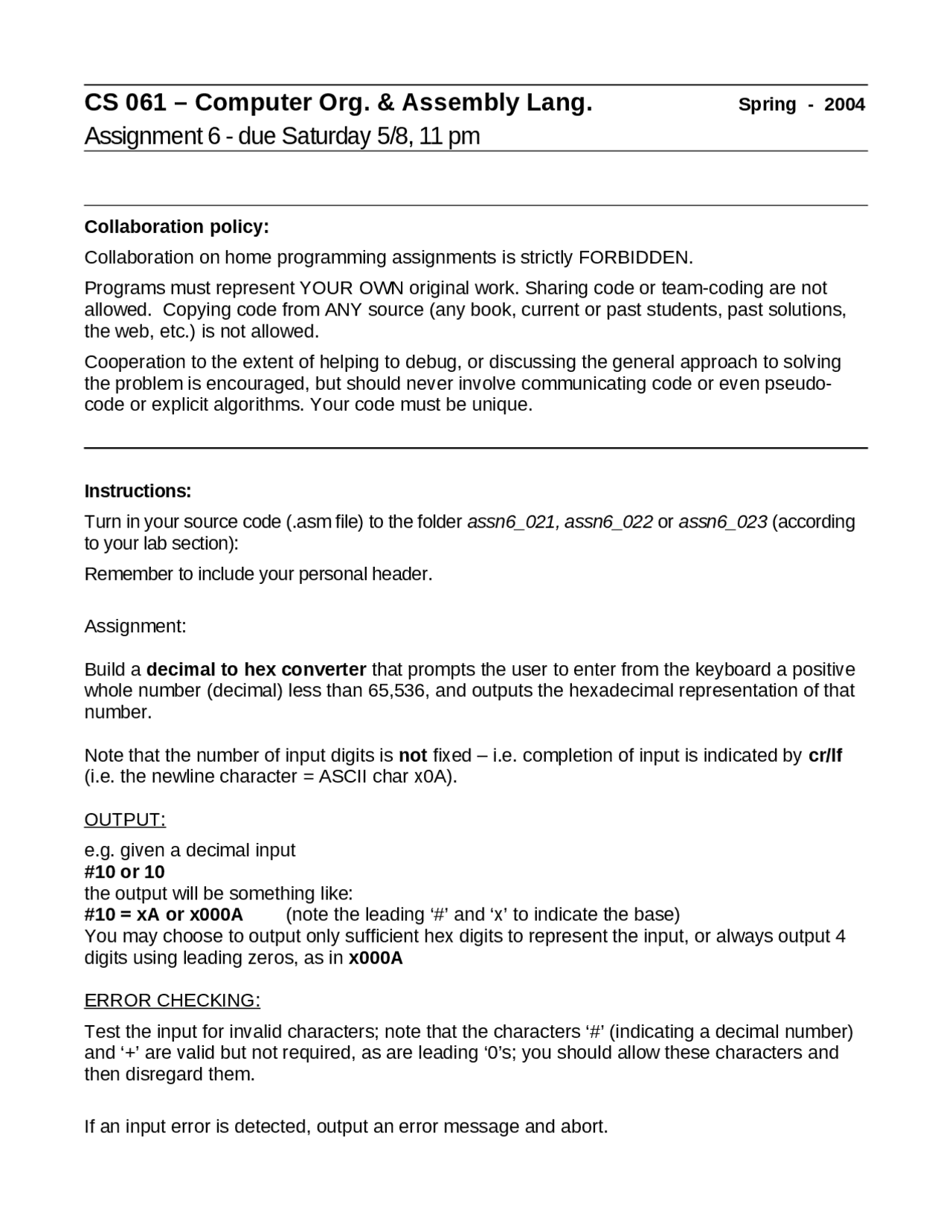 Assignment 6 On Machine Organization And Assembly Language Cs 061