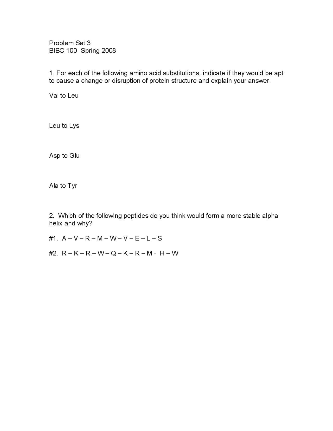Homework 3 Questions Structural Biochemistry Bibc 100 Docsity