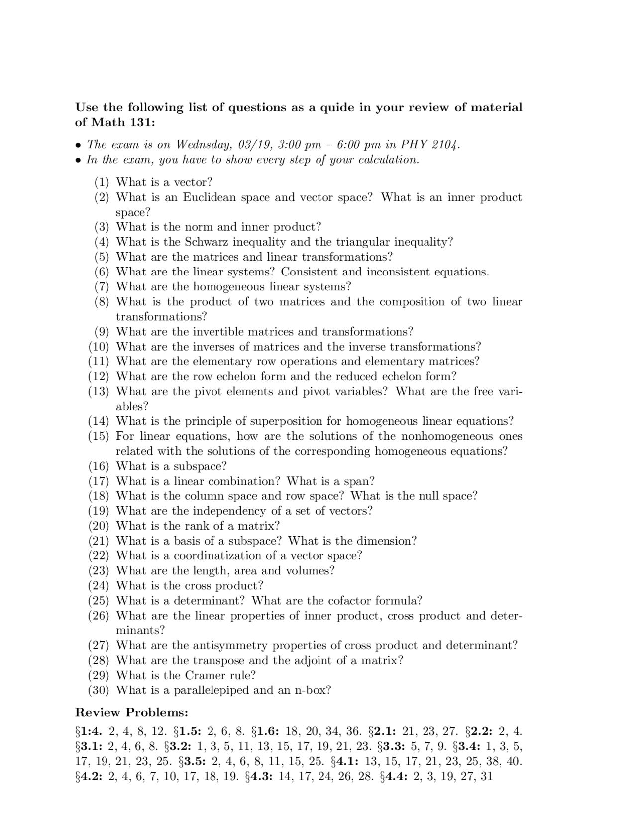 30 Review Problems Linear Algebra Math 131 Docsity
