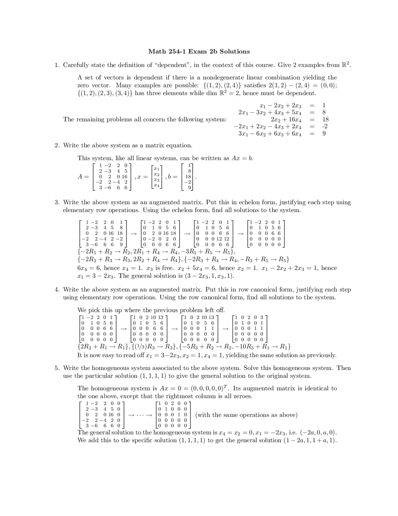 Old Exam 2b With Solutions Introduction To Linear Algebra Math 254