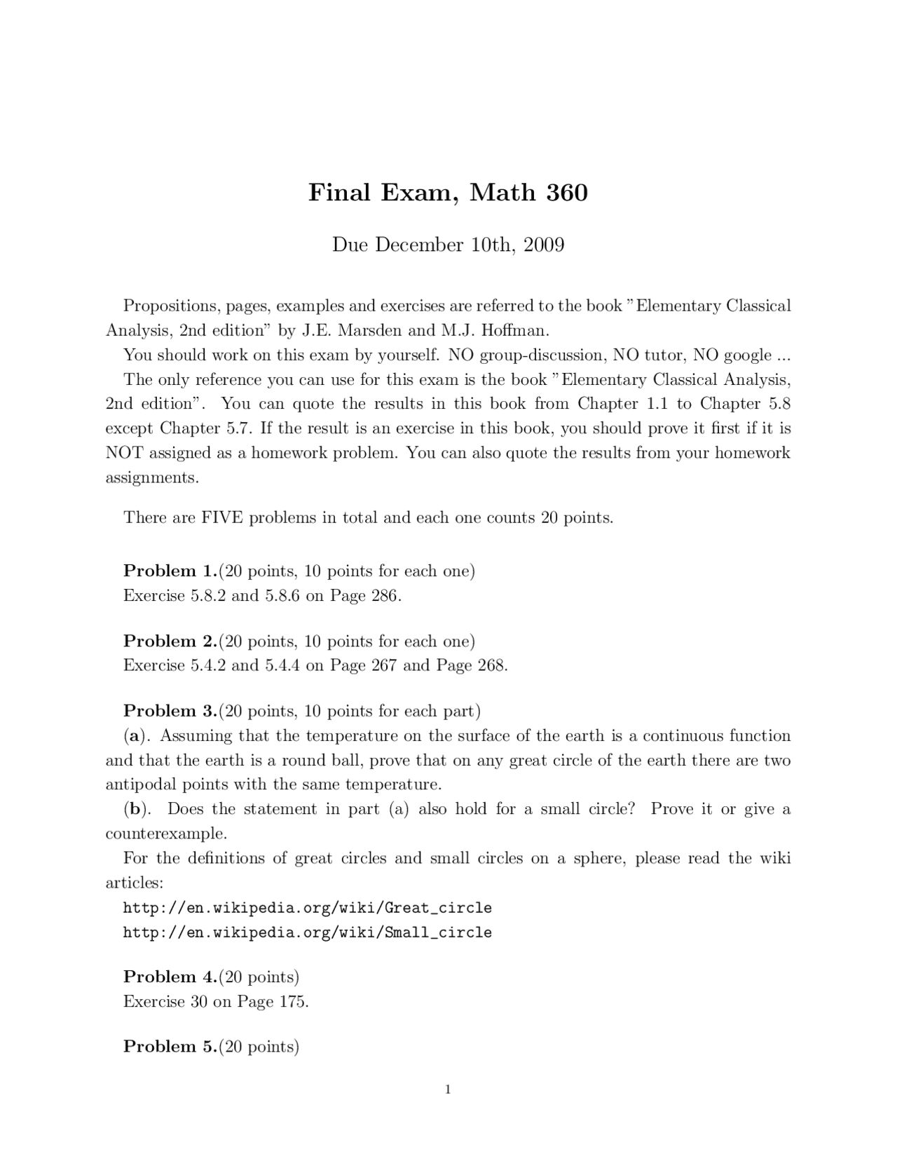 5 Problems On Elementary Classical Analysis Final Exam Math 360