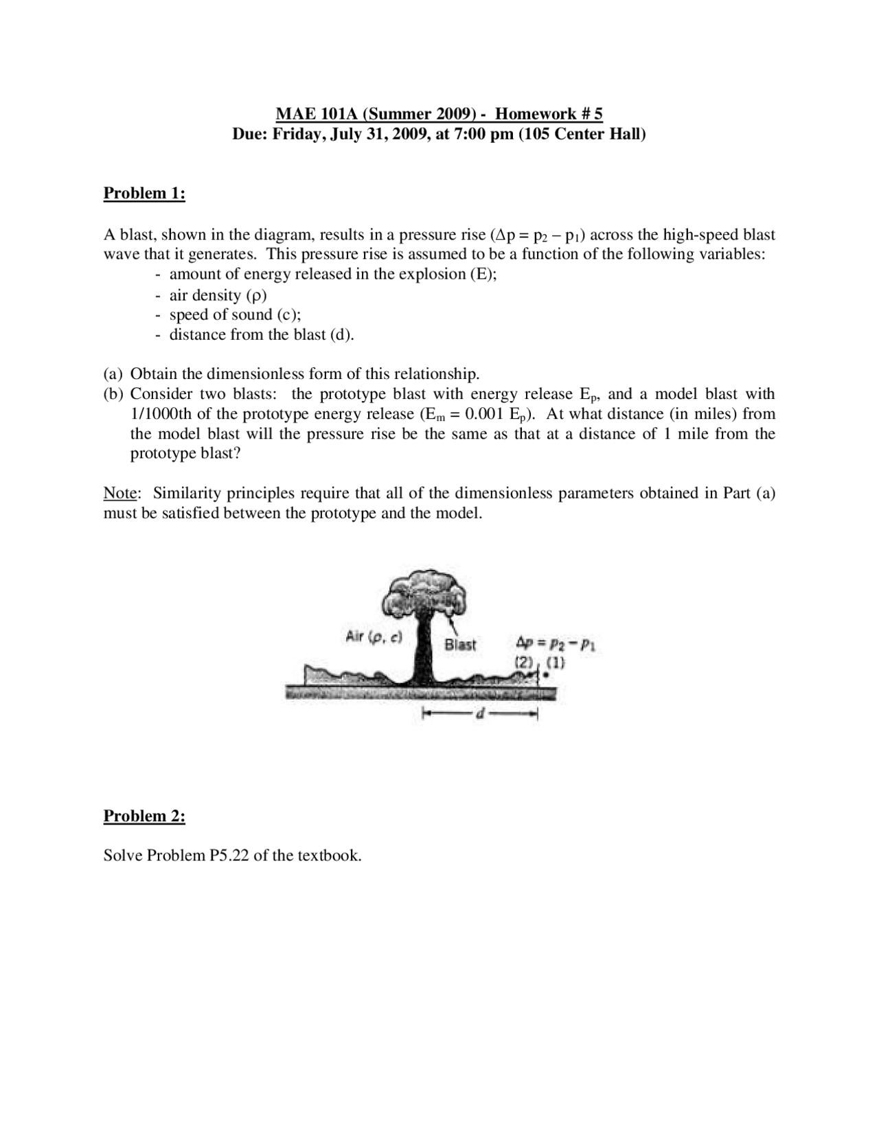 Introductory Fluid Mechanics - Problem Set 5 | MAE 101A - Docsity