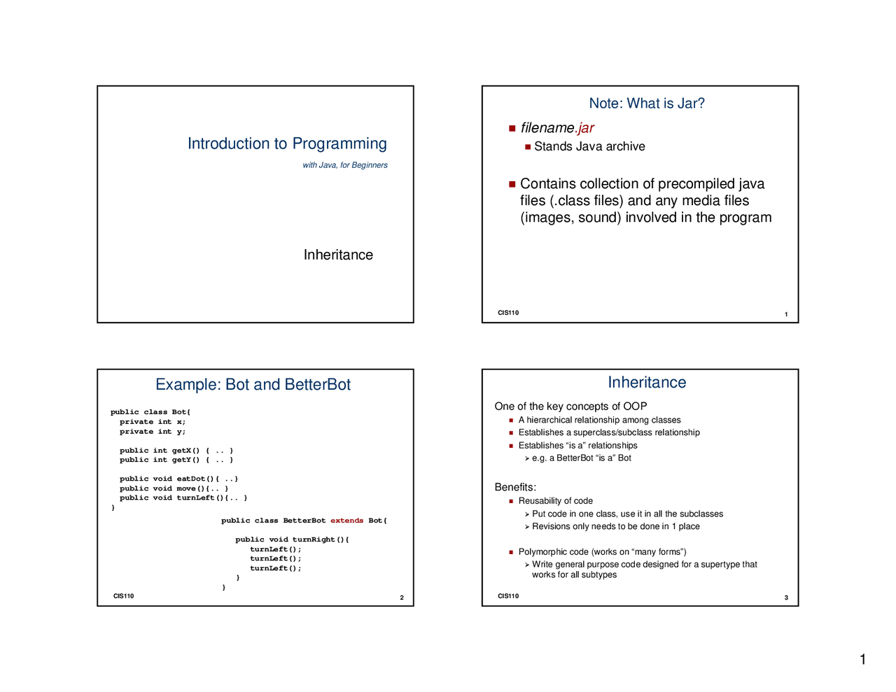 Inheritance Introduction To Computer Programming Lecture Slides Cis 110 Docsity