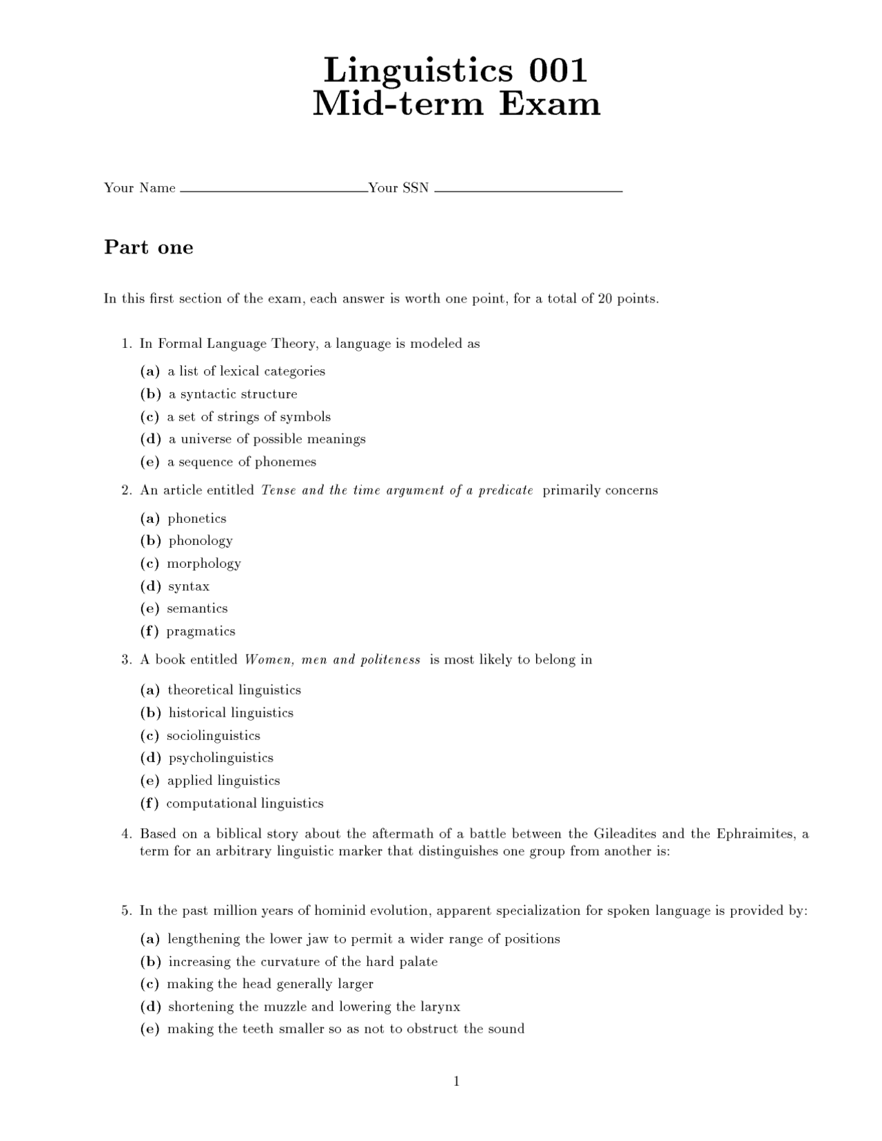 Questions On Introduction To Linguistics Midterm Exam Ling 001