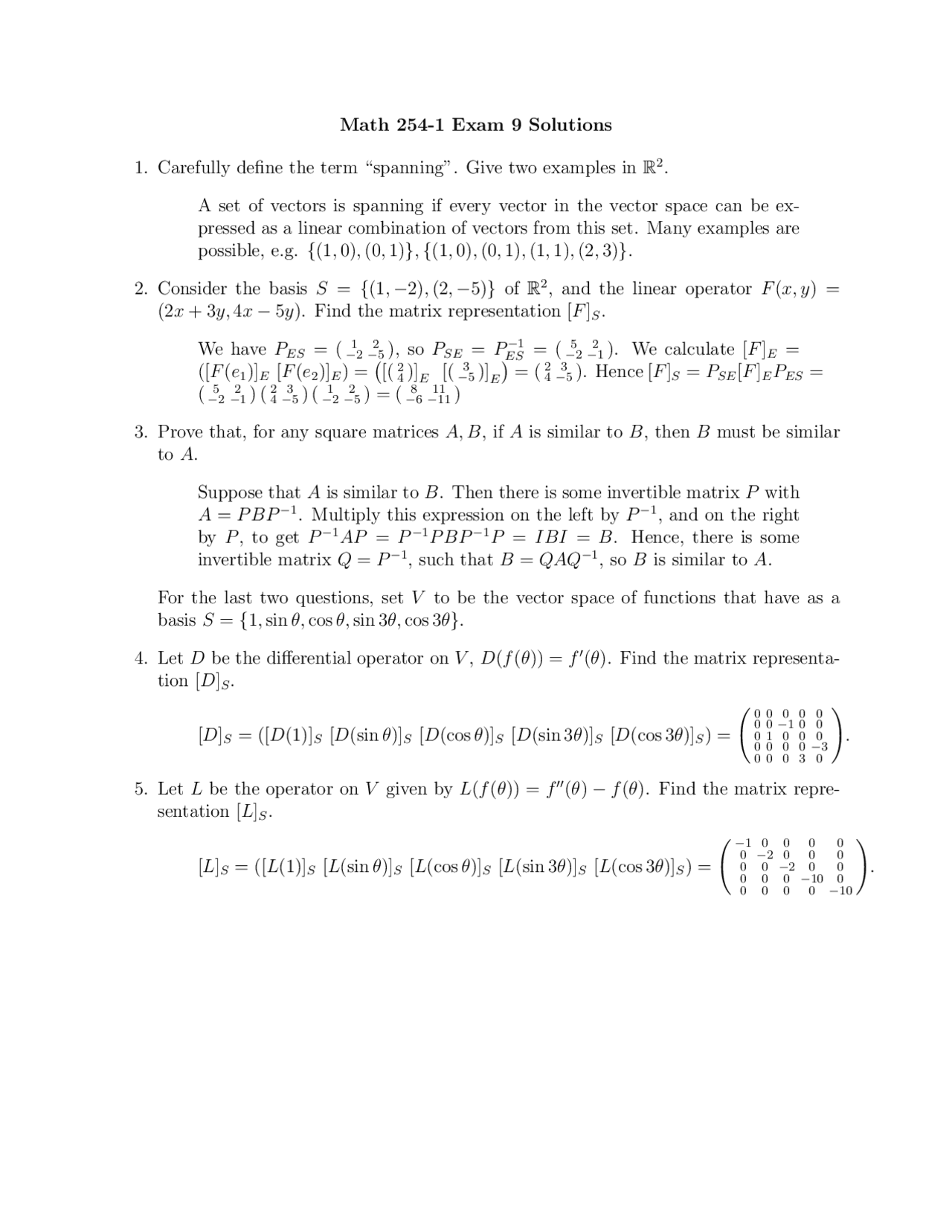 Practice Examination 9 With Solutions Introduction To Linear Algebra