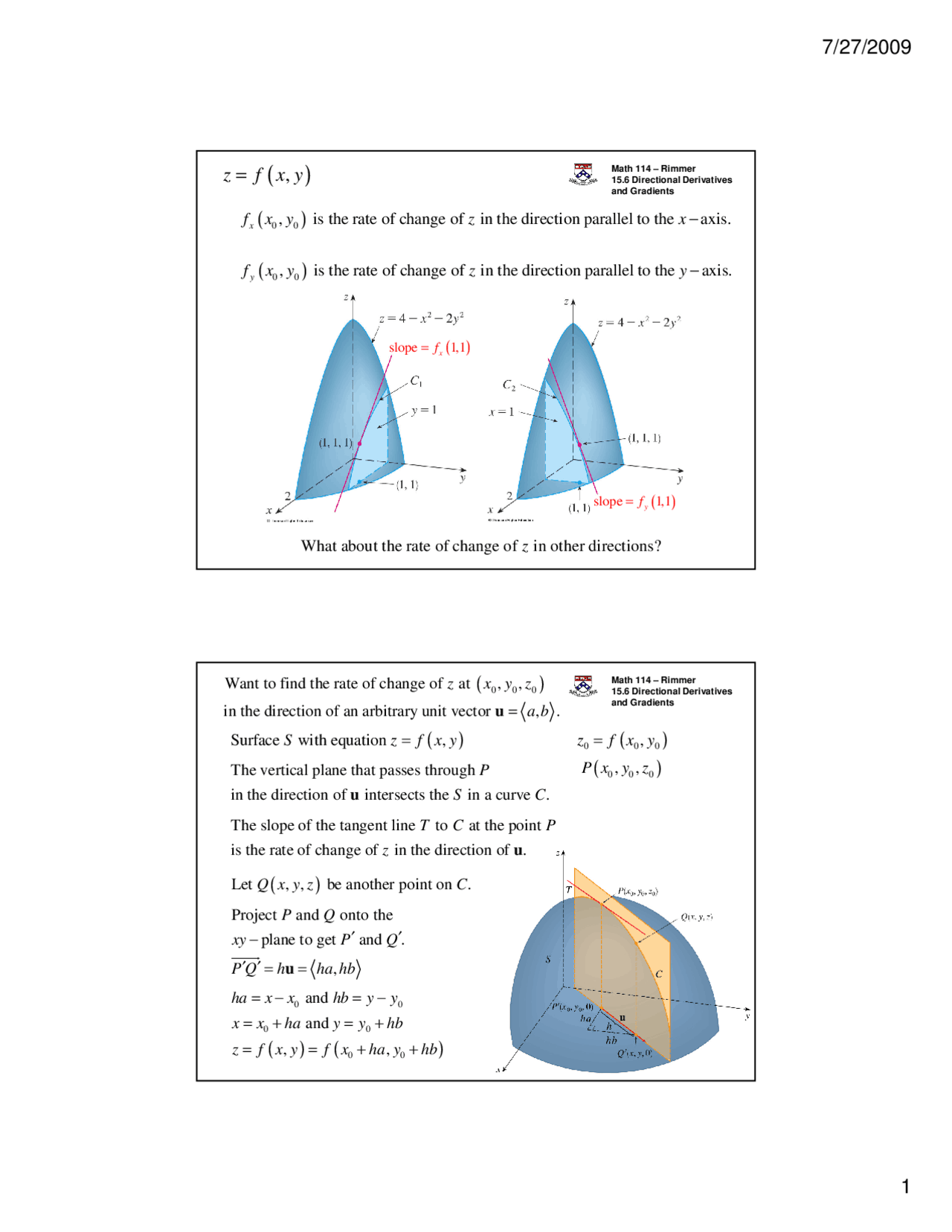 Directional Derivatives And Gradients Lecture Slides Math 114 Docsity