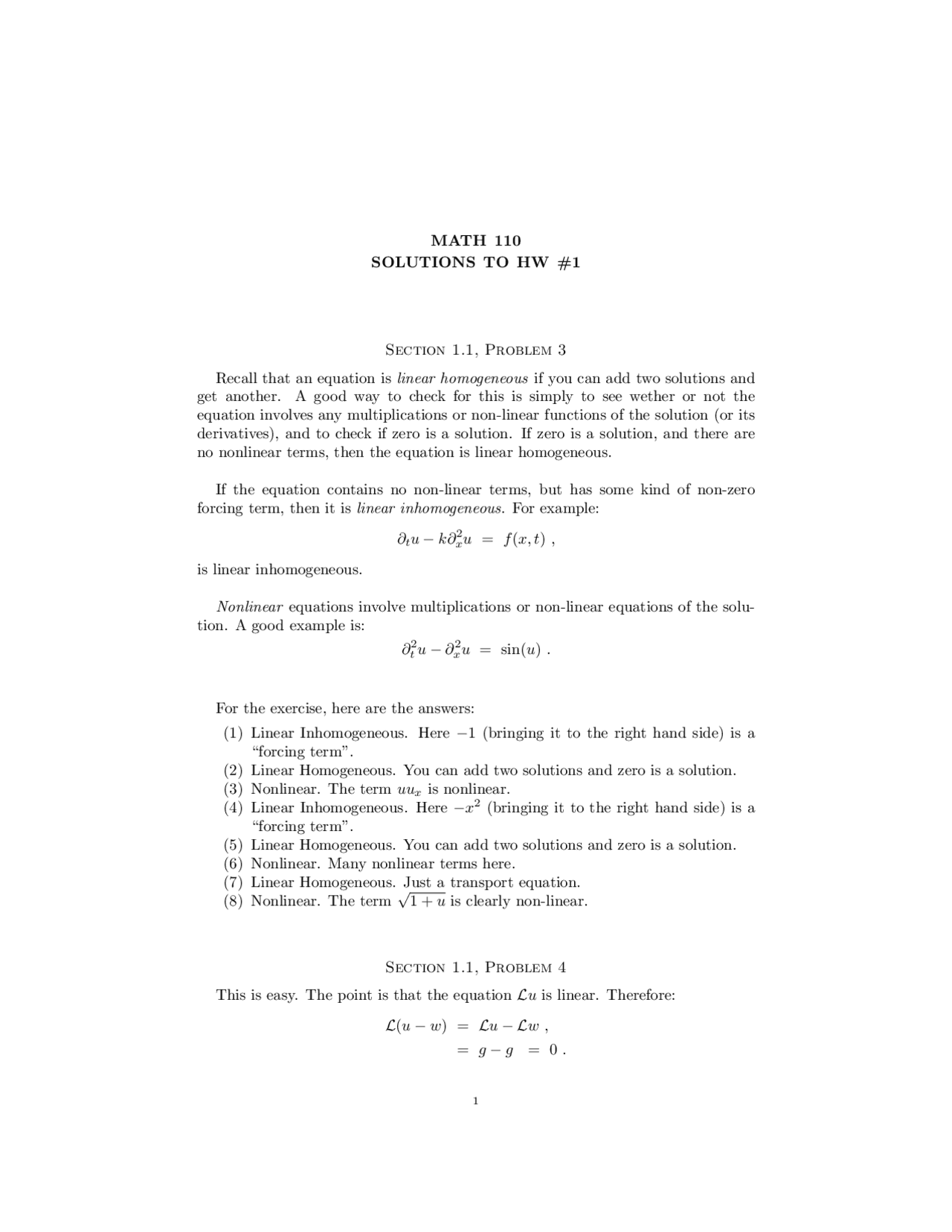 Solutions to Math 110 Homework: Linear Differential Equations - Prof. Jacob Sterbenz ...