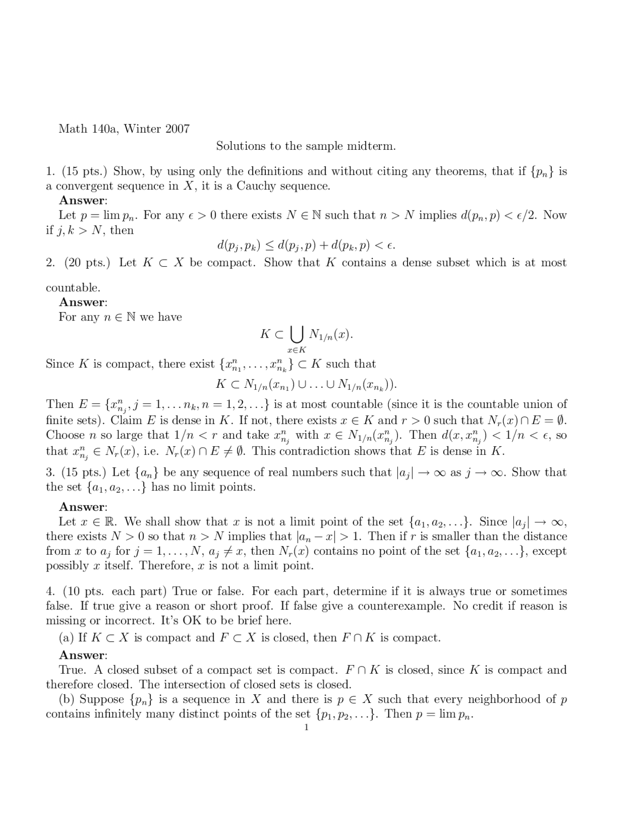 Solutions To Sample Midterm For Foundations Of Analysis Math 140a