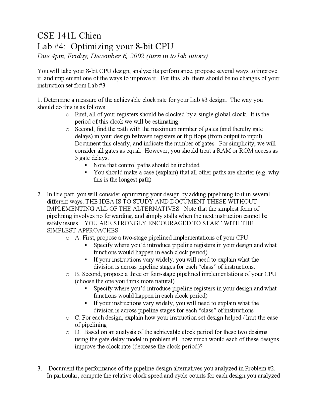 Lab 4 - Optimizing your 8-bits CPU | CSE 141L - Docsity