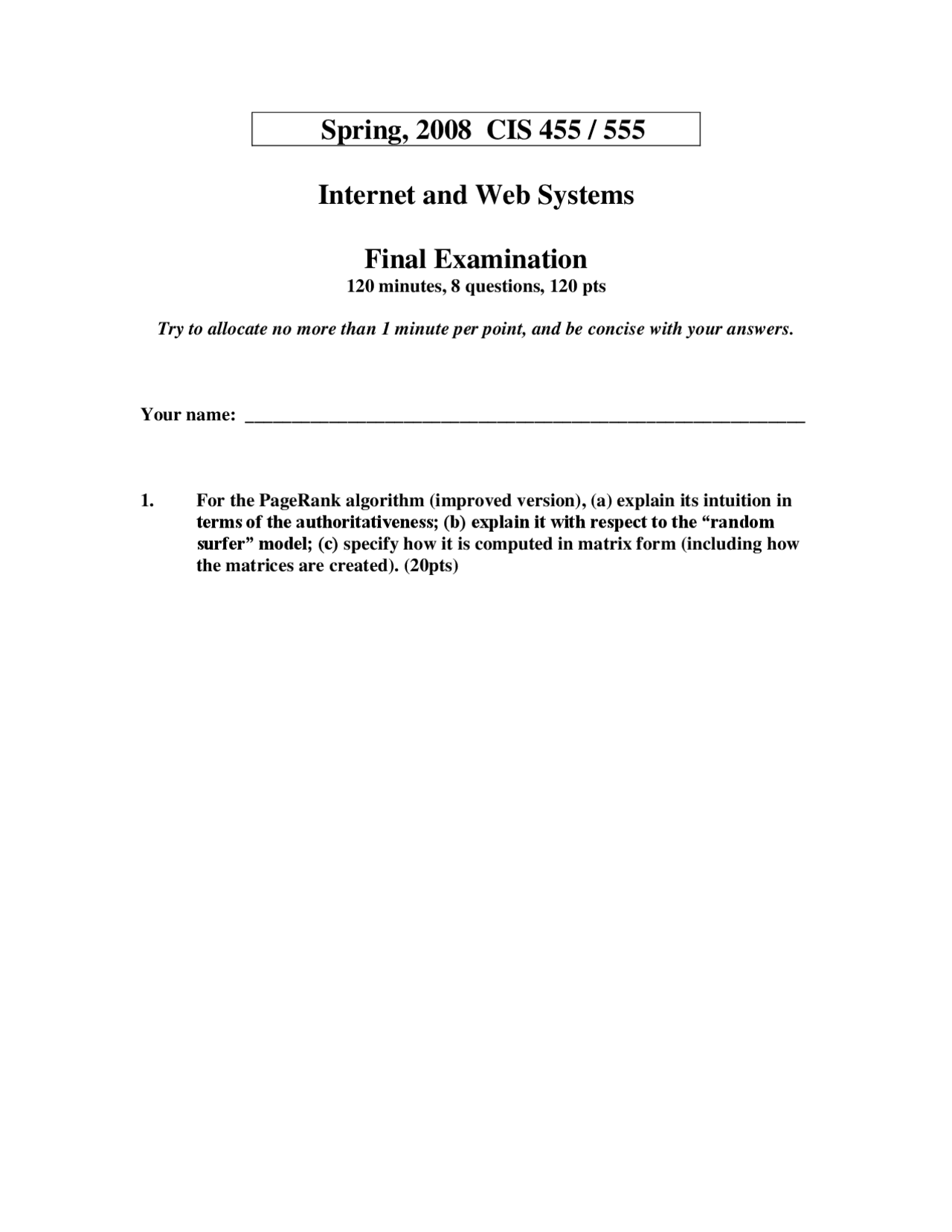 Final Examination - Internet and Web System | CIS 455 - Docsity