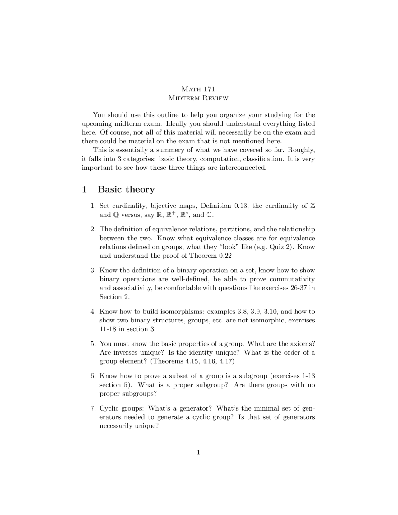 27 Problems On Modern Algebra Midterm Exam Review Math 171 Docsity