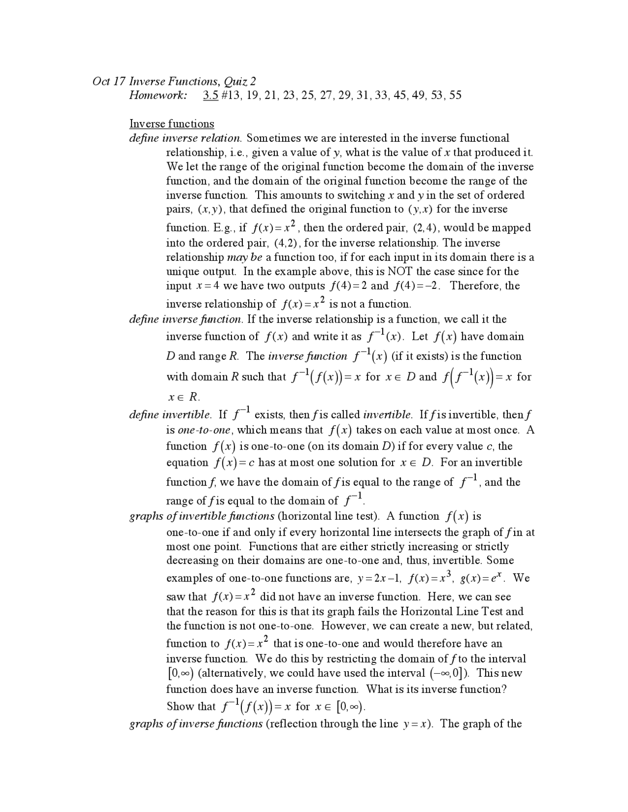 Quiz 2 Questions Inverse Functions Math 4c Docsity