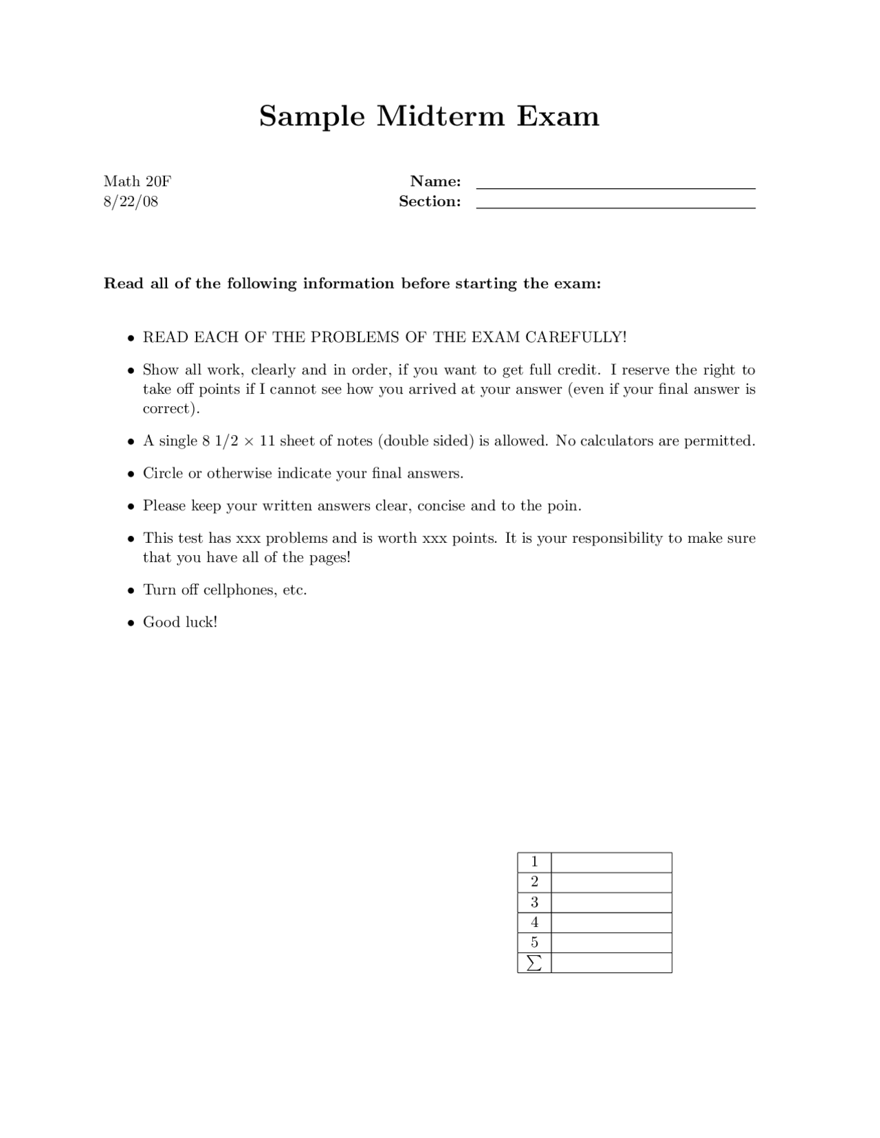 5 Sample Problems On Basic Linear Algebra Midterm Exam Math 20f