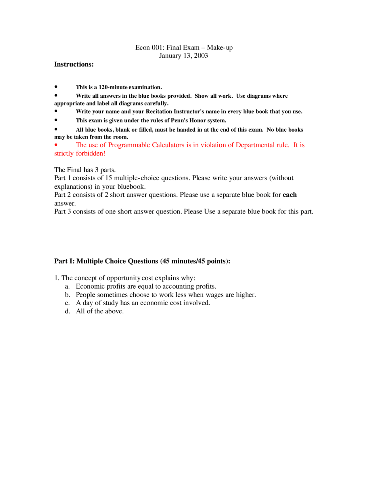 Final Exam With Questions Introduction To Microeconomics 2003