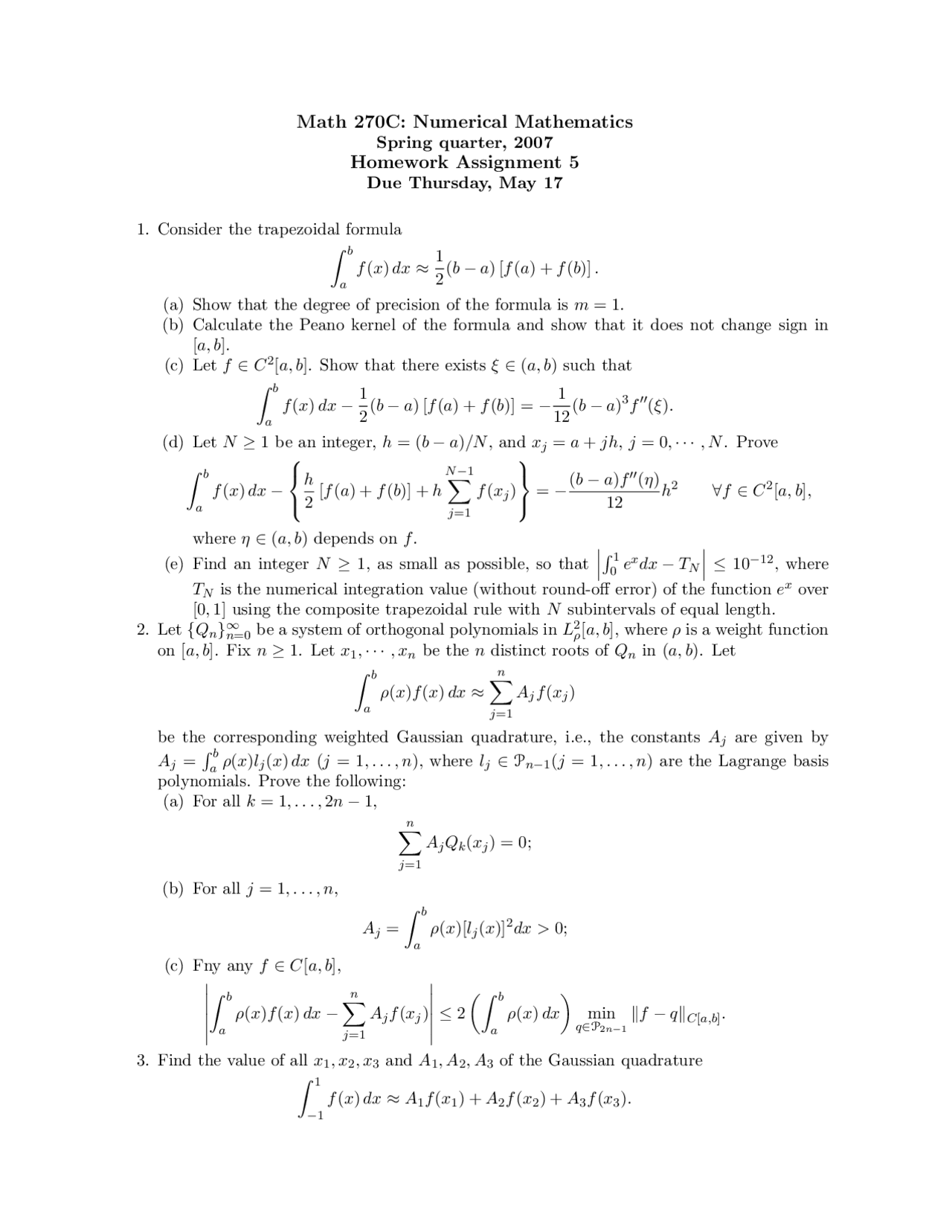 Homework 5 Questions Numerical Mathematics Poli 12 Docsity