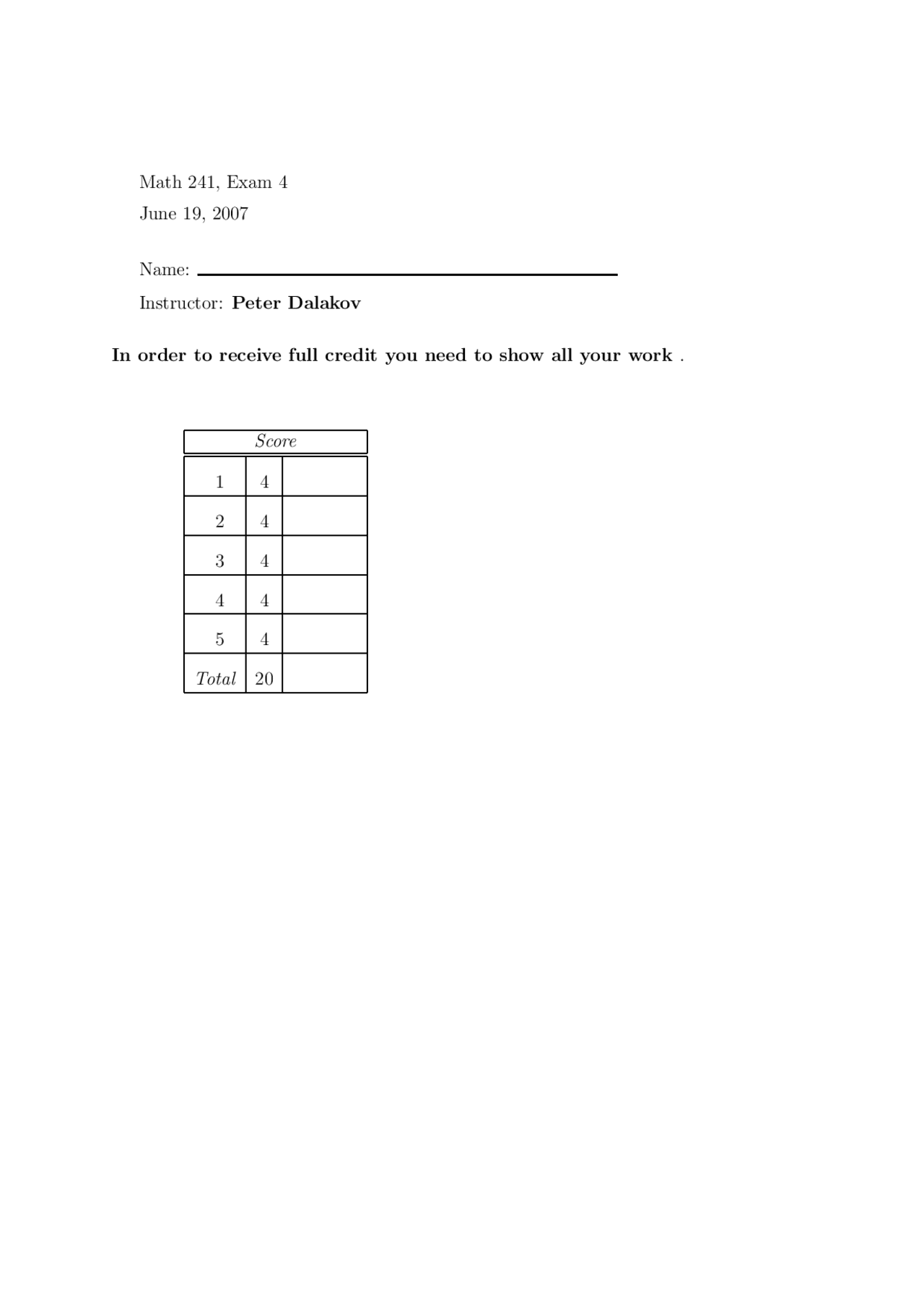 5 Questions For Calculus Iv With Answers Exam 4 Math 241 Docsity