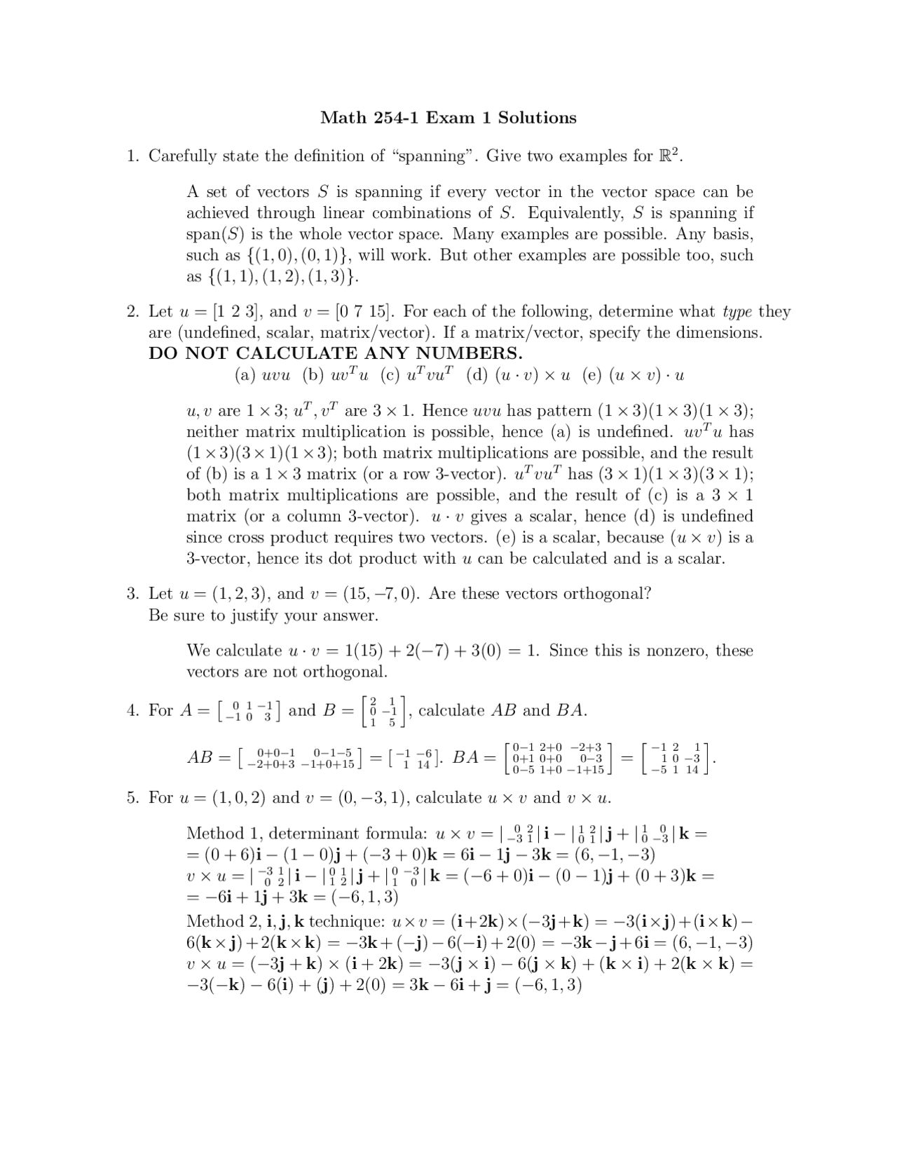 Exam 1 With Solutions Introduction To Linear Algebra Math 254 Docsity