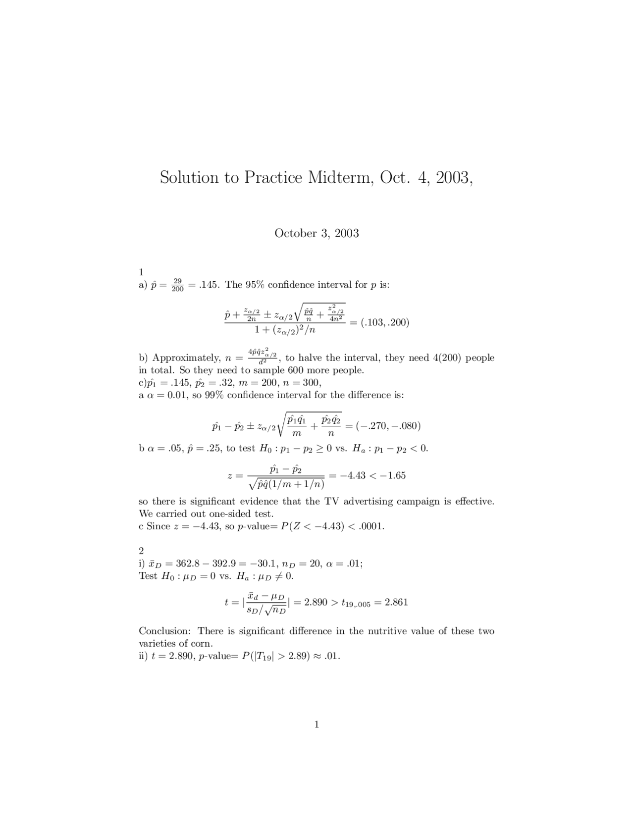 Solution to Practice Midterm Exam - Statistical Inference | STAT 431 - Docsity