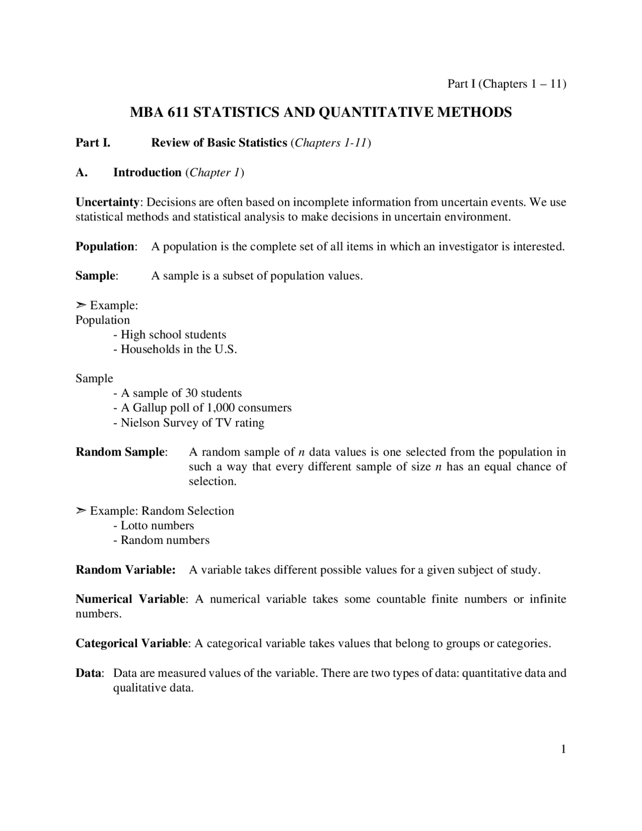Review Of Basic Statistics Lecture Notes Mba 611 Docsity