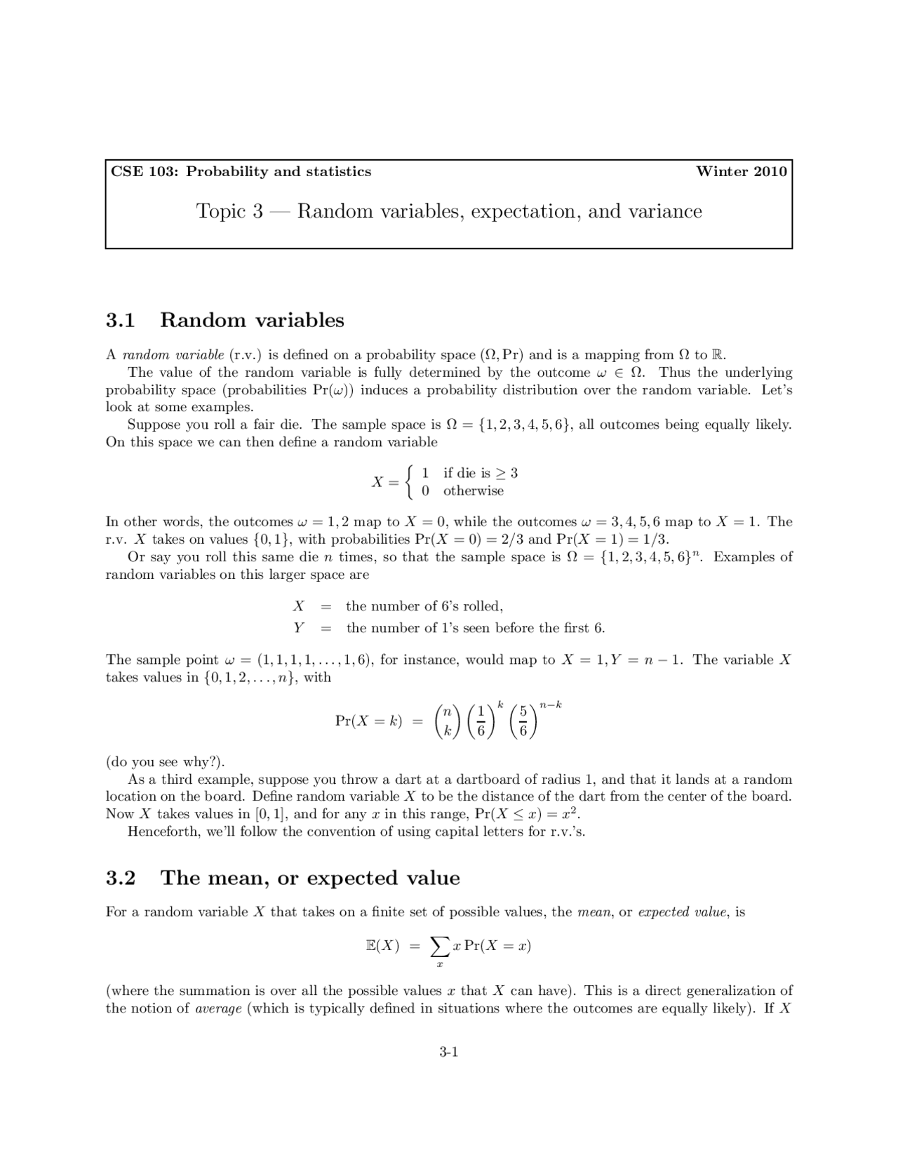 Random Variables Expectation And Variance Cse 103 Docsity
