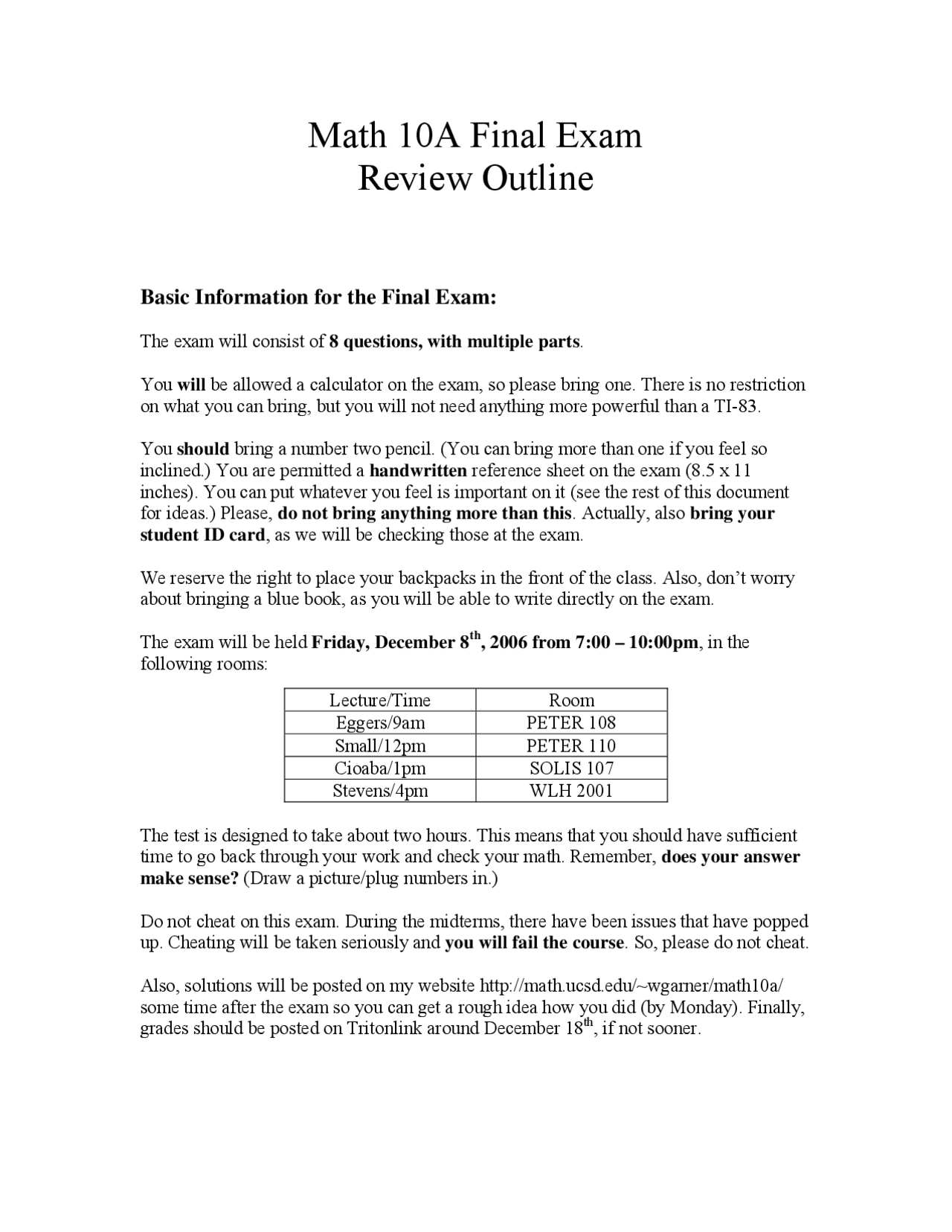 Math 10A Final Exam Review Outline: Functions, Derivatives, and Optimization | Exams Calculus ...