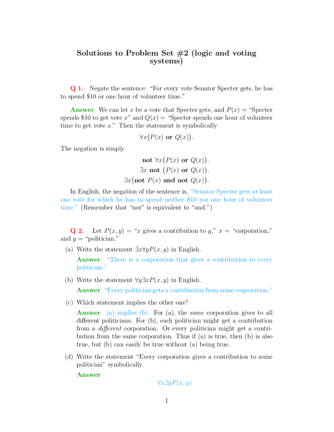 Logic and Voting Systems: Problem Set Solutions | Assignments Mathematics | Docsity
