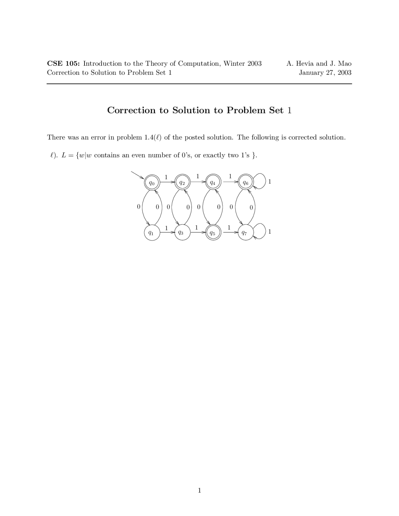Problem Set 1 Solutions Correction Theory Of Computation Cse 105