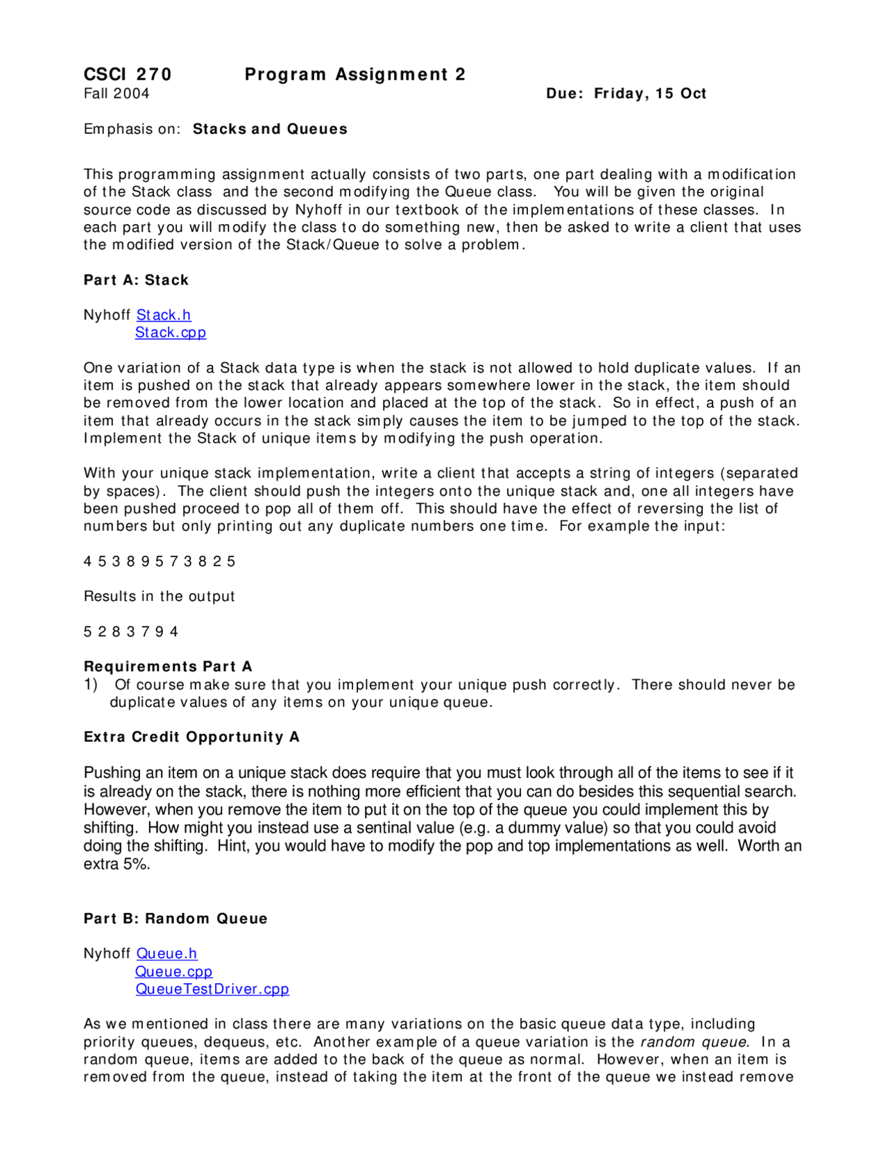 Notes On Stacks And Queues In Data Structures Assignment 2 Csci 270 Docsity