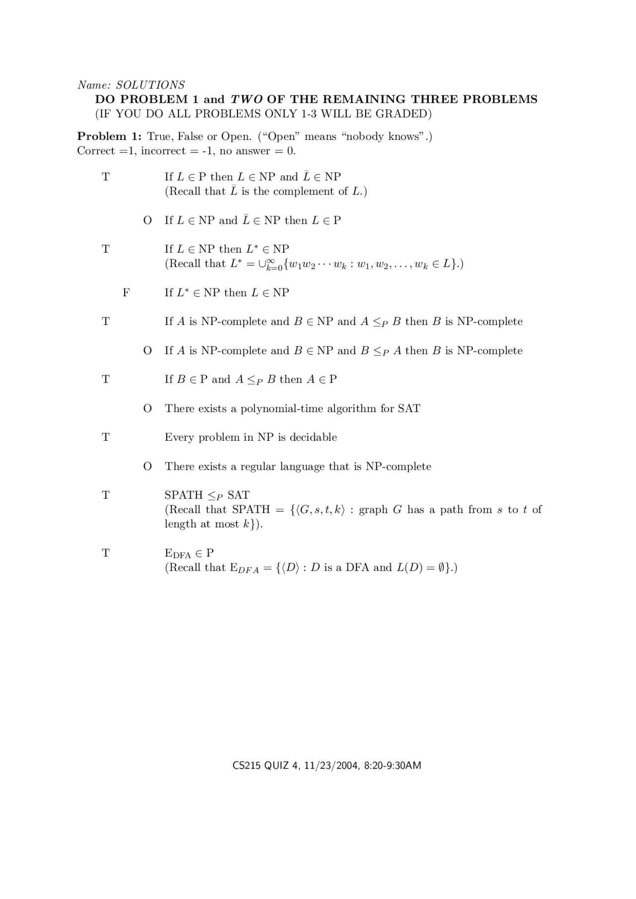 Quiz 4 With Solutions Theory Of Computation Cs 215 Docsity