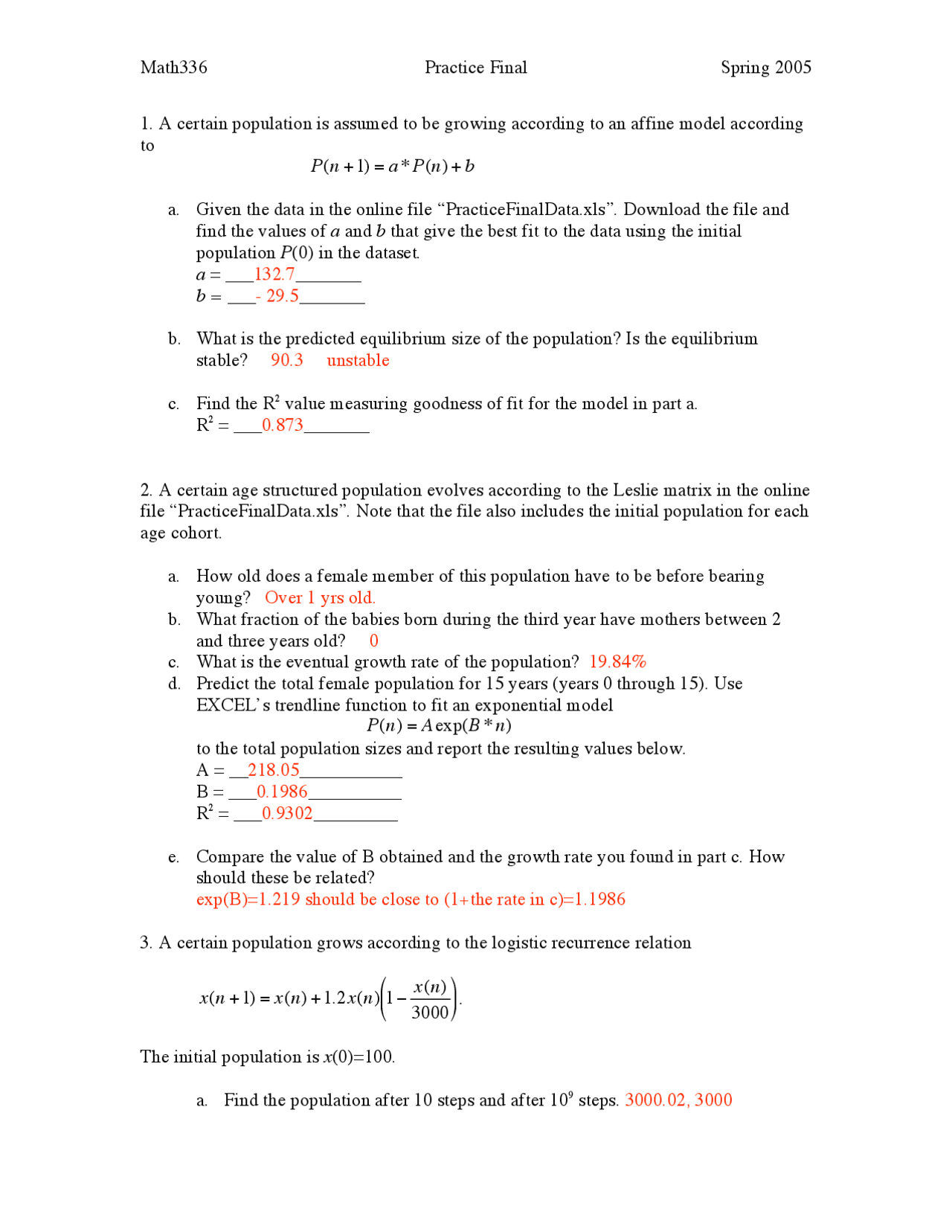 Practice Final Exam Introduction To Mathematical Modeling Math 336