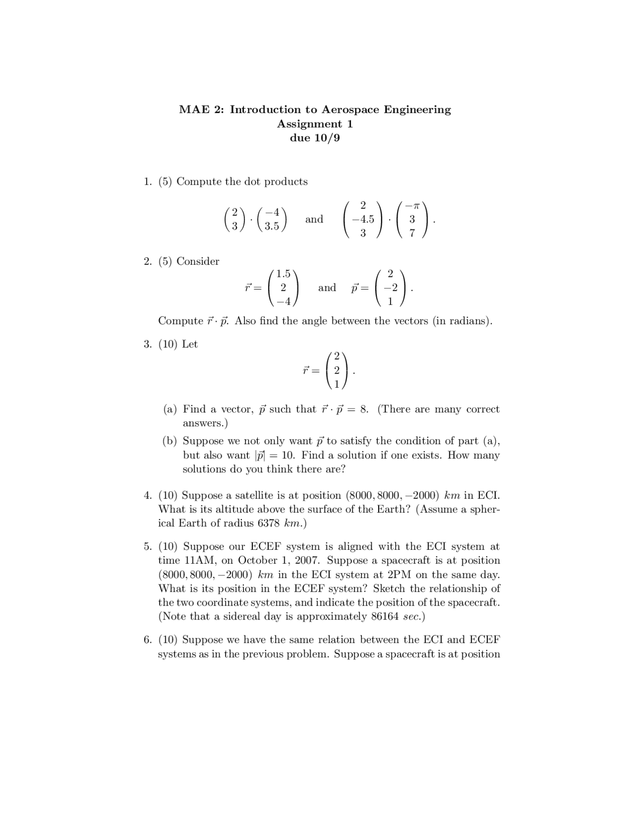 Introduction To Aerospace Engineering Assignment 1 Mae 2 Docsity