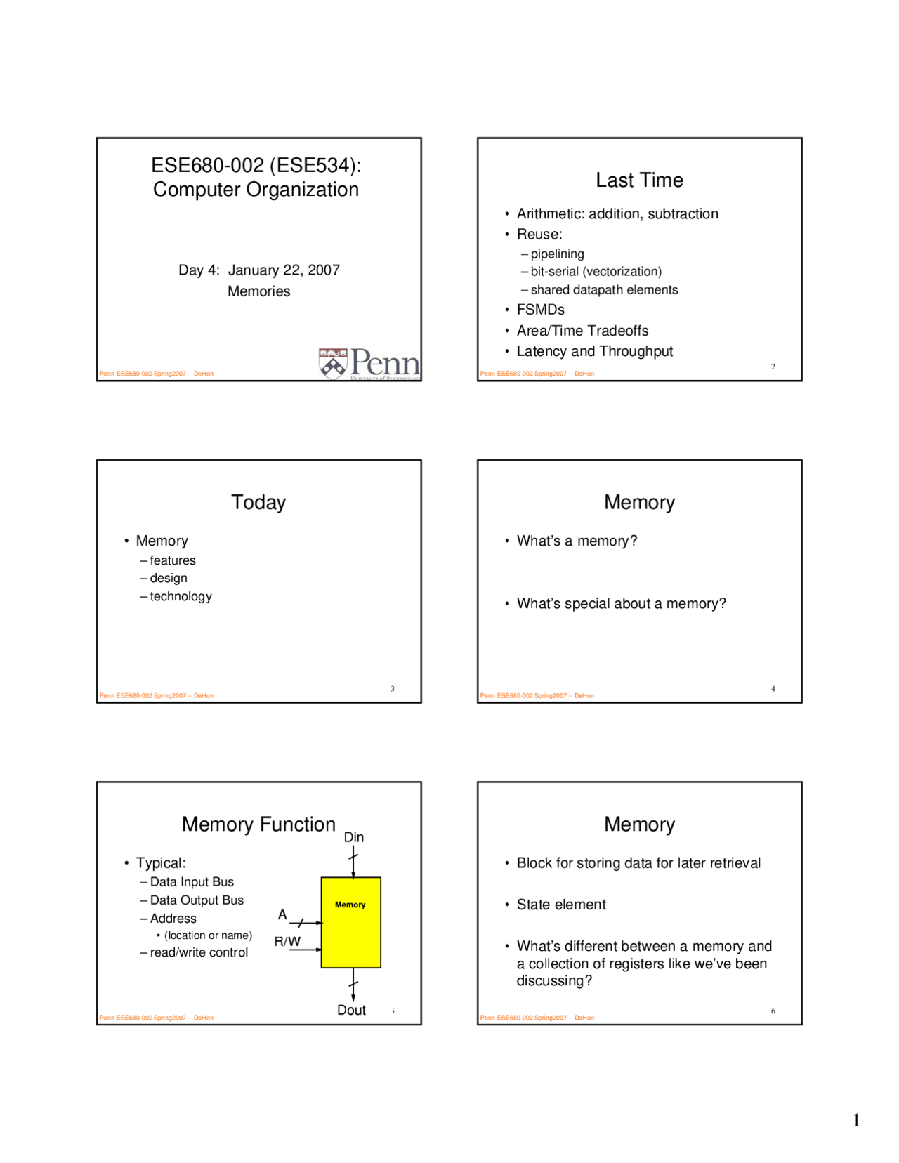 Lecture Slides On Memories Computer Organization Ese 534 Docsity