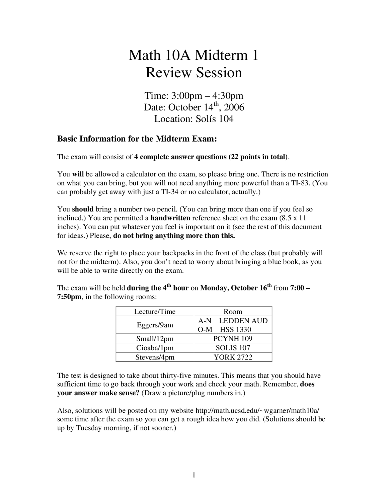 Review Session For Midterm Exam Calculus Math 10a Docsity
