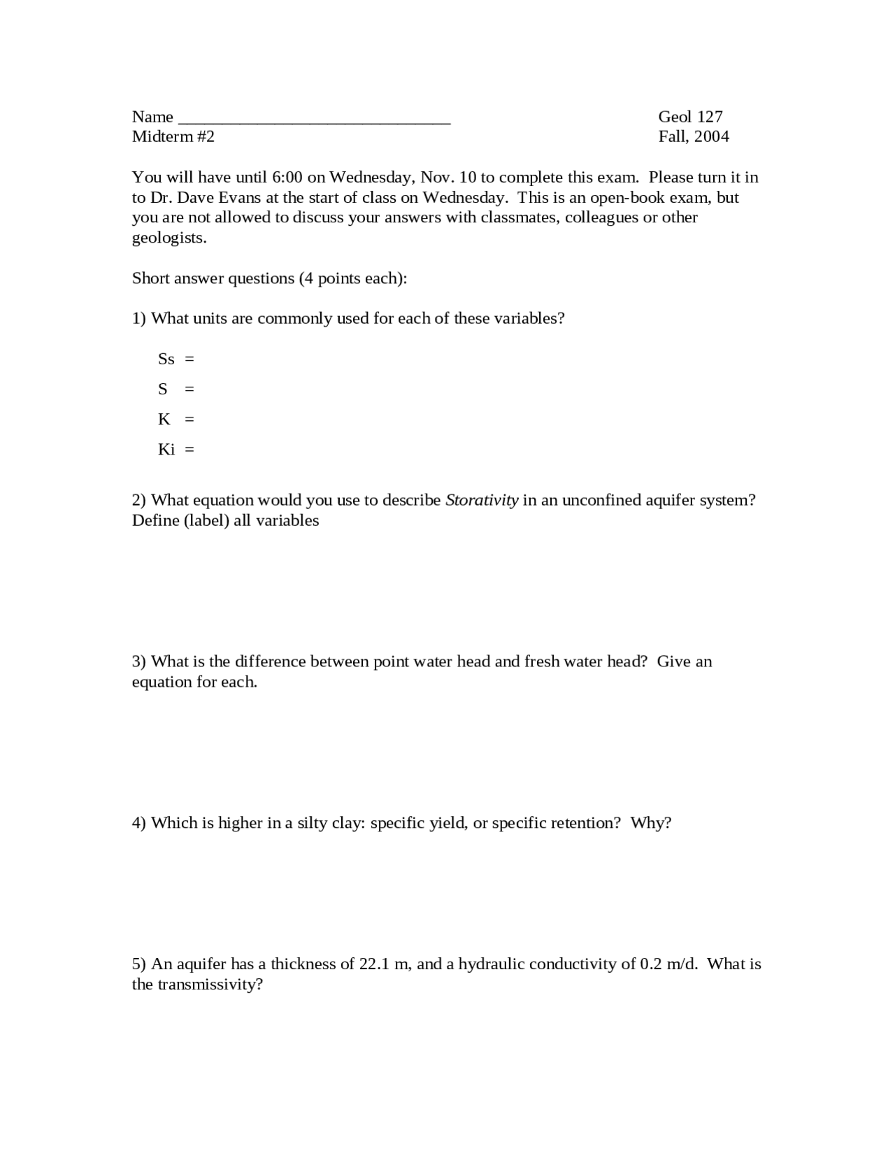 Midterm Exam 2 Hydrogeology Fall 2004 Geol 127 Docsity