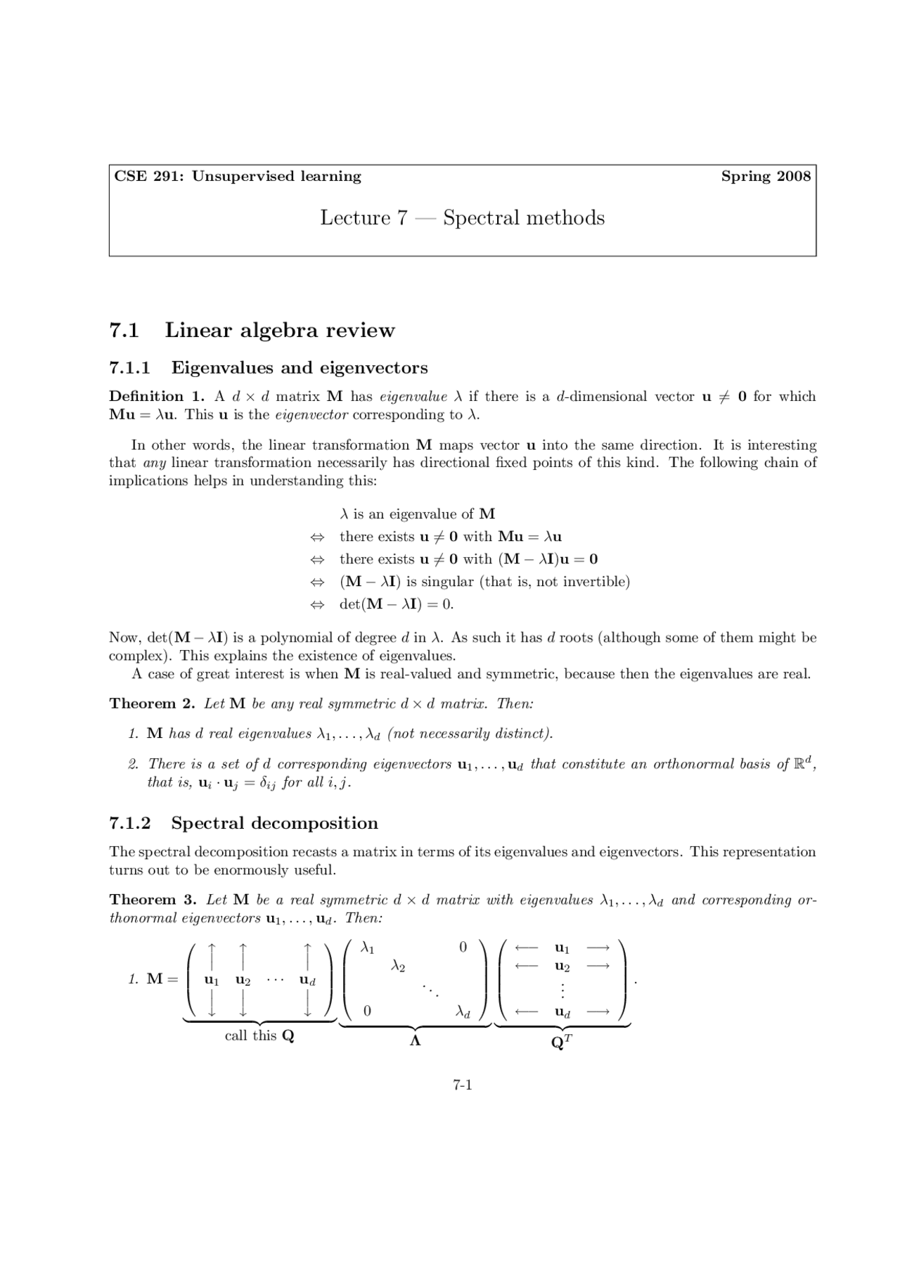 Spectral Methods Unsupervised Learning Lecture Notes Cse 291
