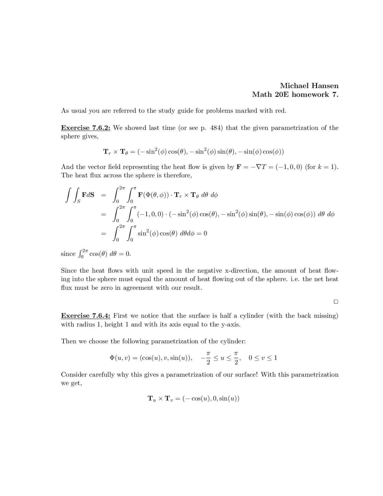 Homework 7 Exercises On Vector Calculus Math 20e Docsity