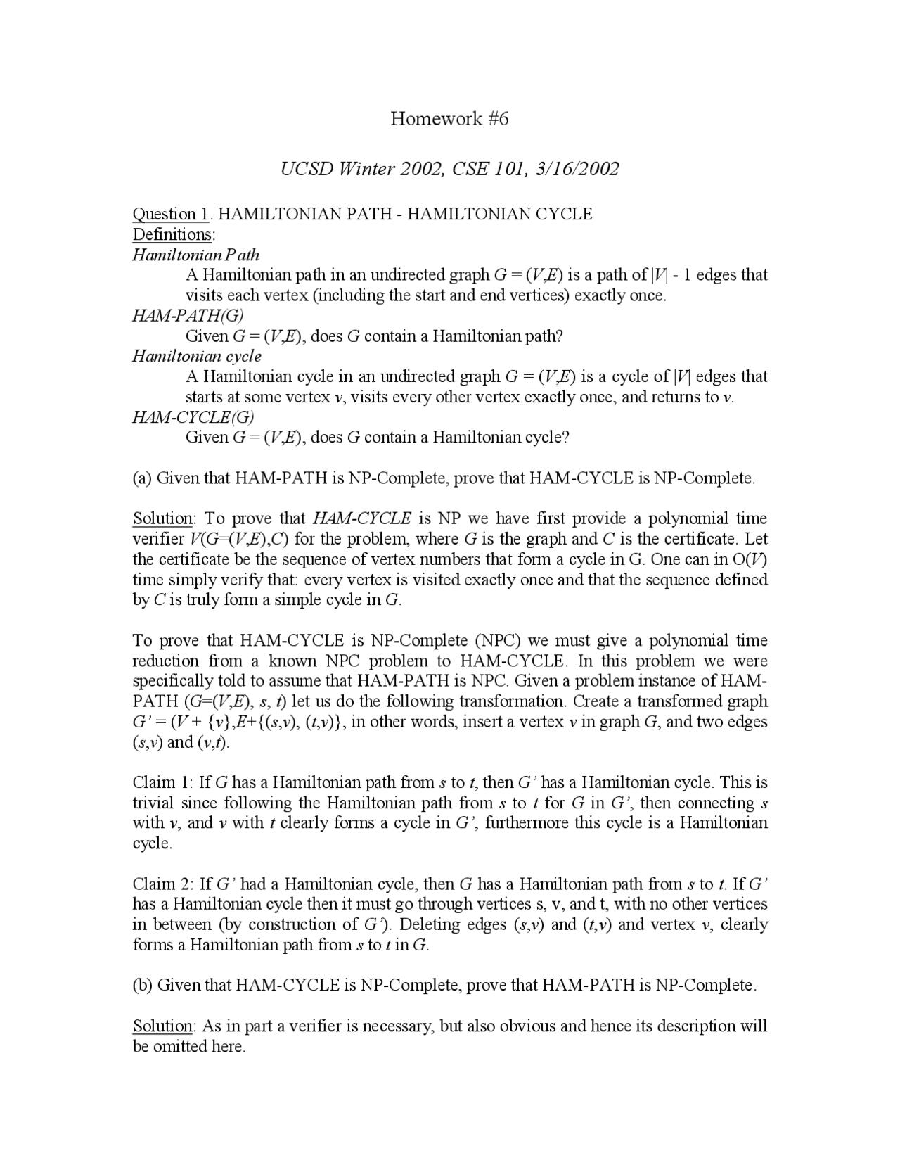 Homework 6 Solved Questions Hamilton Cycle Cse 101 Docsity