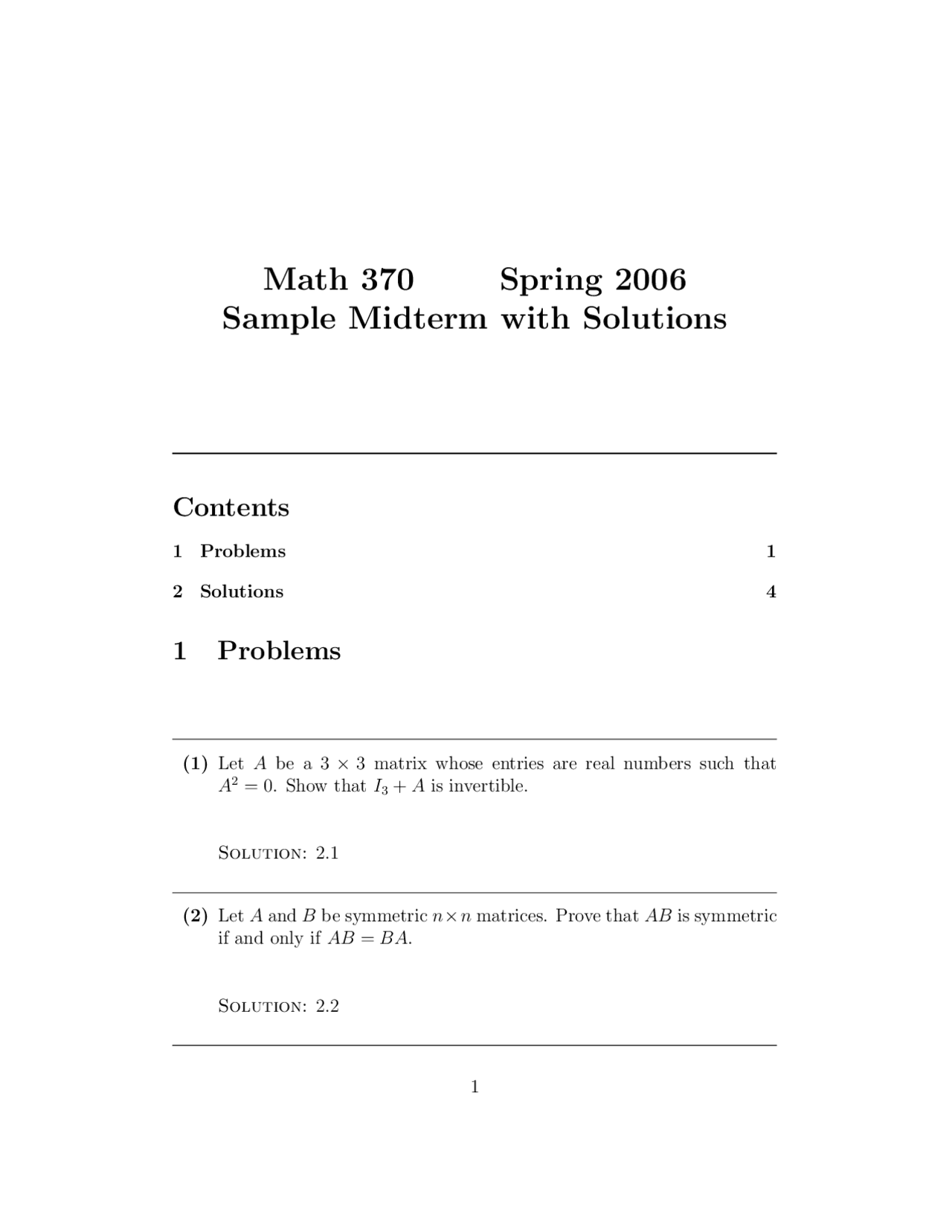 Sample Midterm Examination With Solutions Algebra Math 370 Docsity
