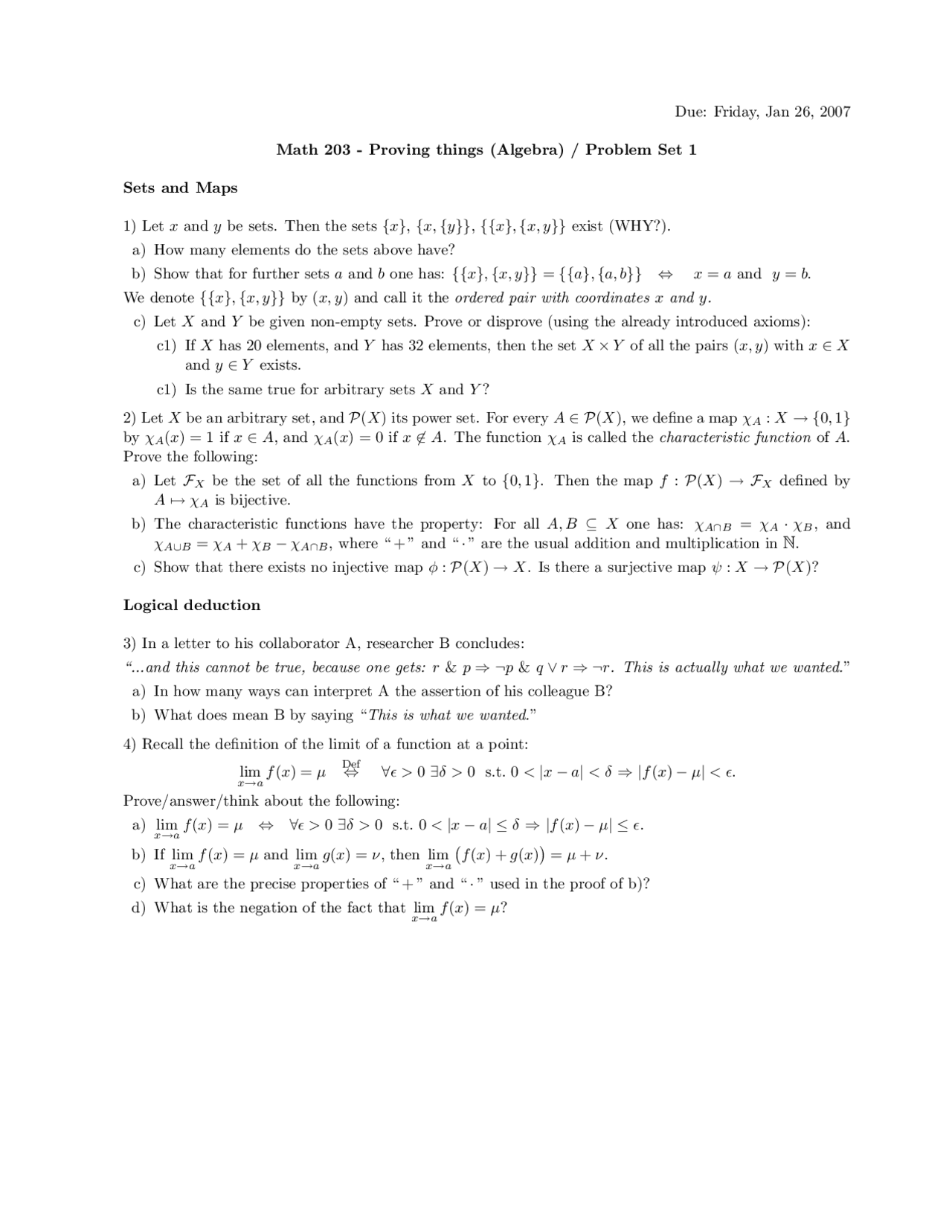 4 Questions On Proving Things Algebra Problem Set 1 Math 203 Docsity
