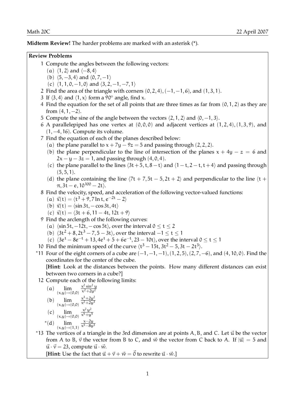 Review Sheet For Calculus And Analytical Geometry Math 20c Docsity